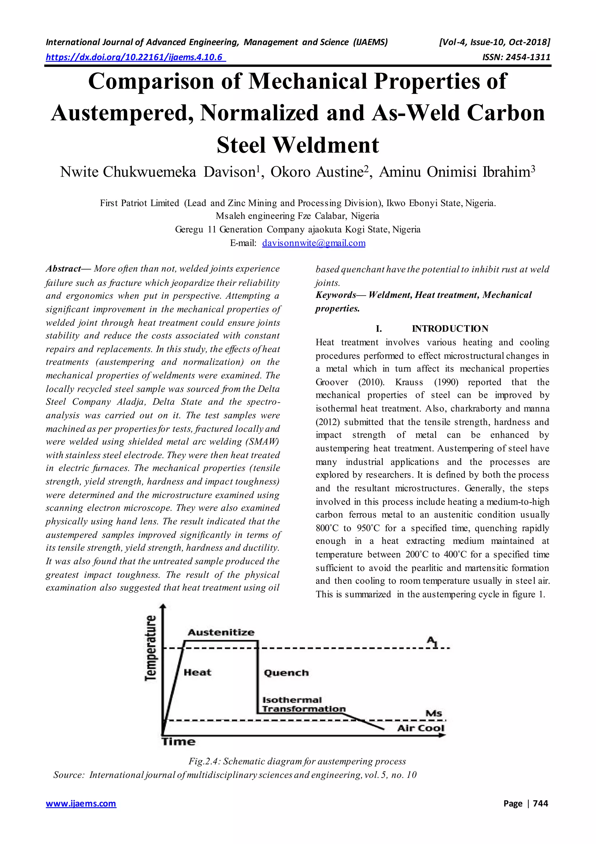 Comparison of Mechanical Properties of Austempered, Normalized and As-Weld Carbon Steel Weldment ...