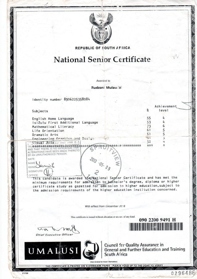 Matric Certificate of Rudzani Mulaudzi.PDF