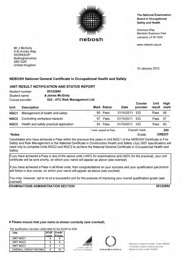 J McGinty_NEBOSH Certificate in Occupational Health & Safety | PPT