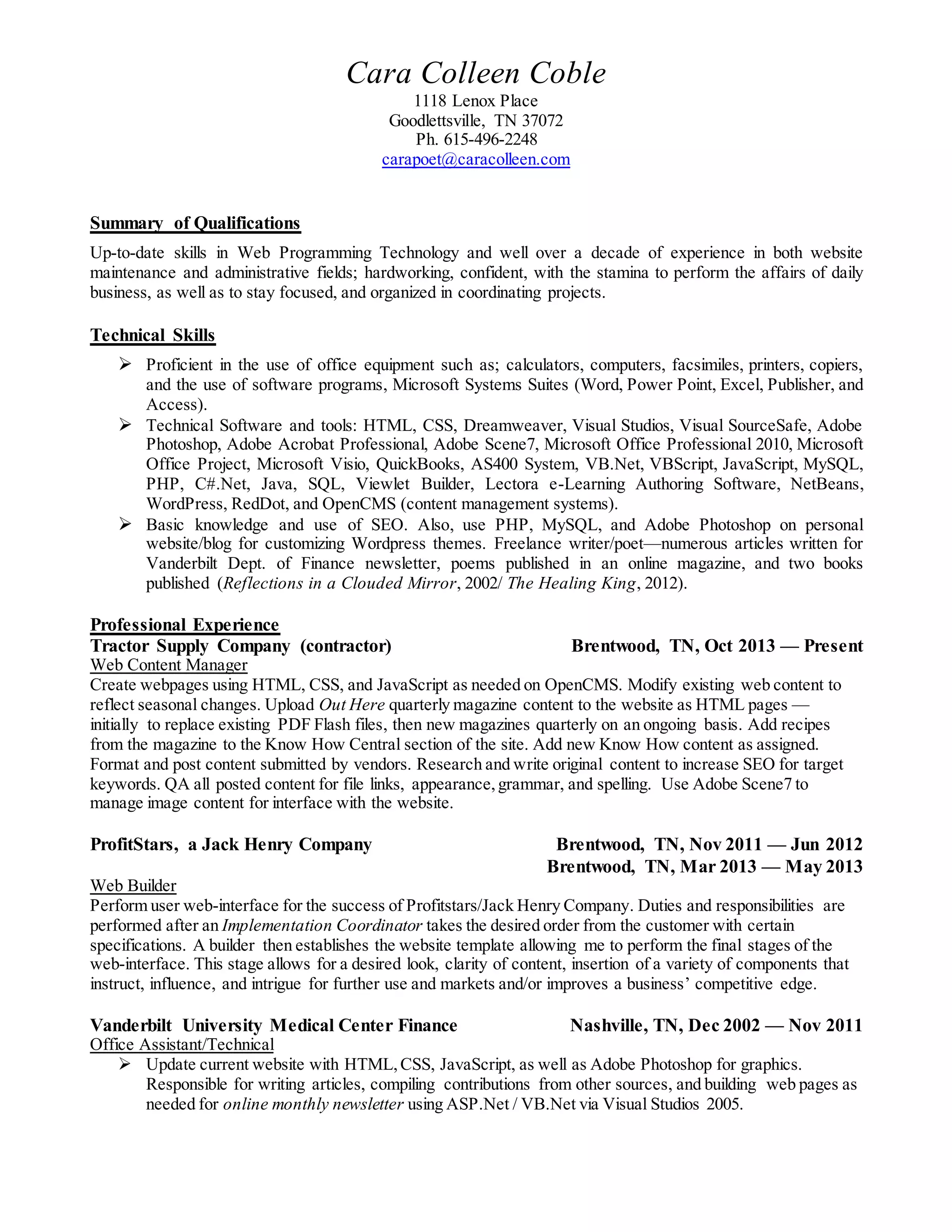 CaraColleenCoble_professional | DOCX | Desktop Publishing | Computer Software and Applications