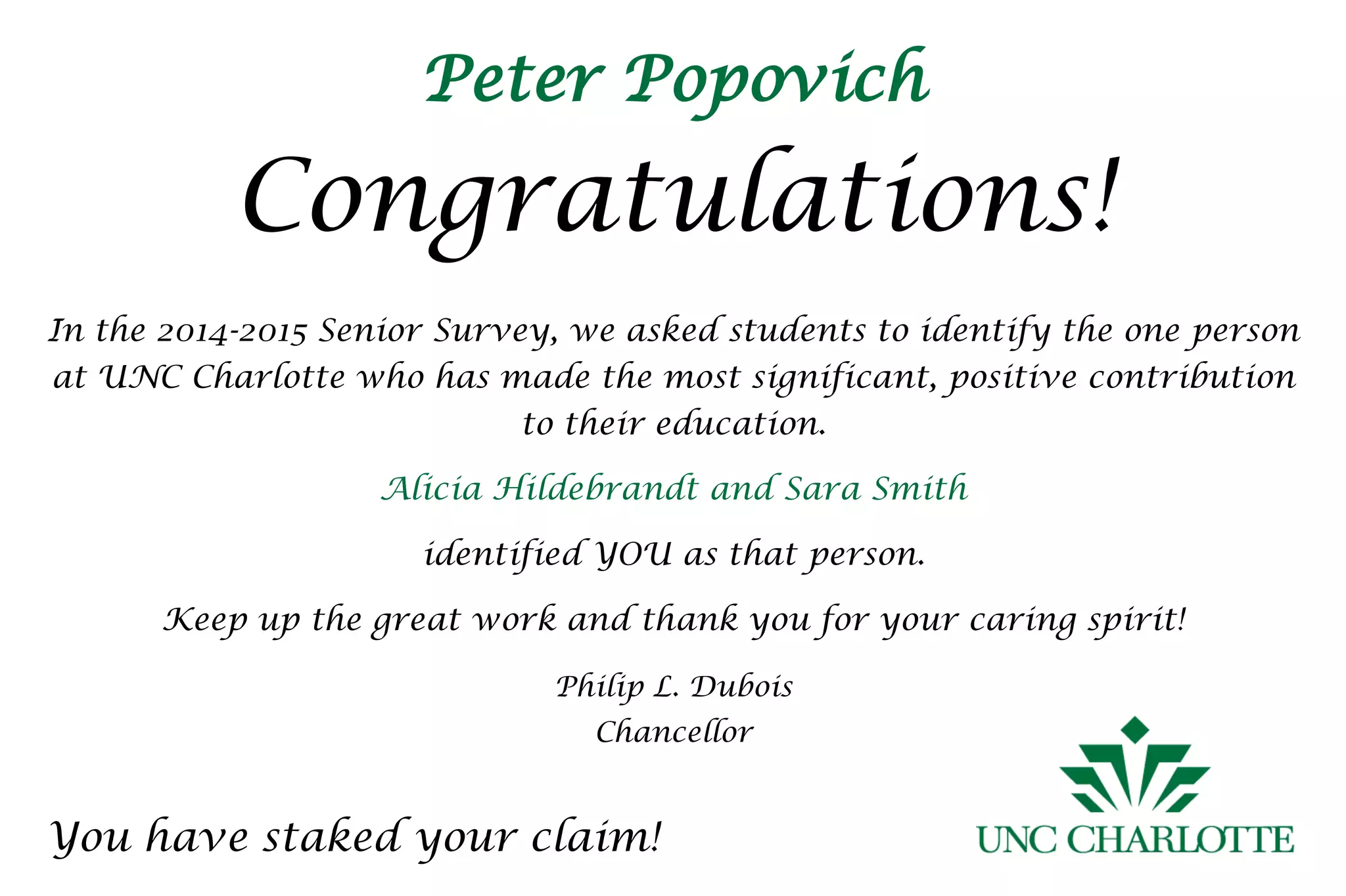 Peter Popovich UNCC Student Testimonials | PDF