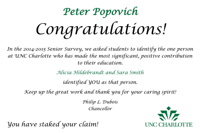 Peter Popovich UNCC Student Testimonials | PDF