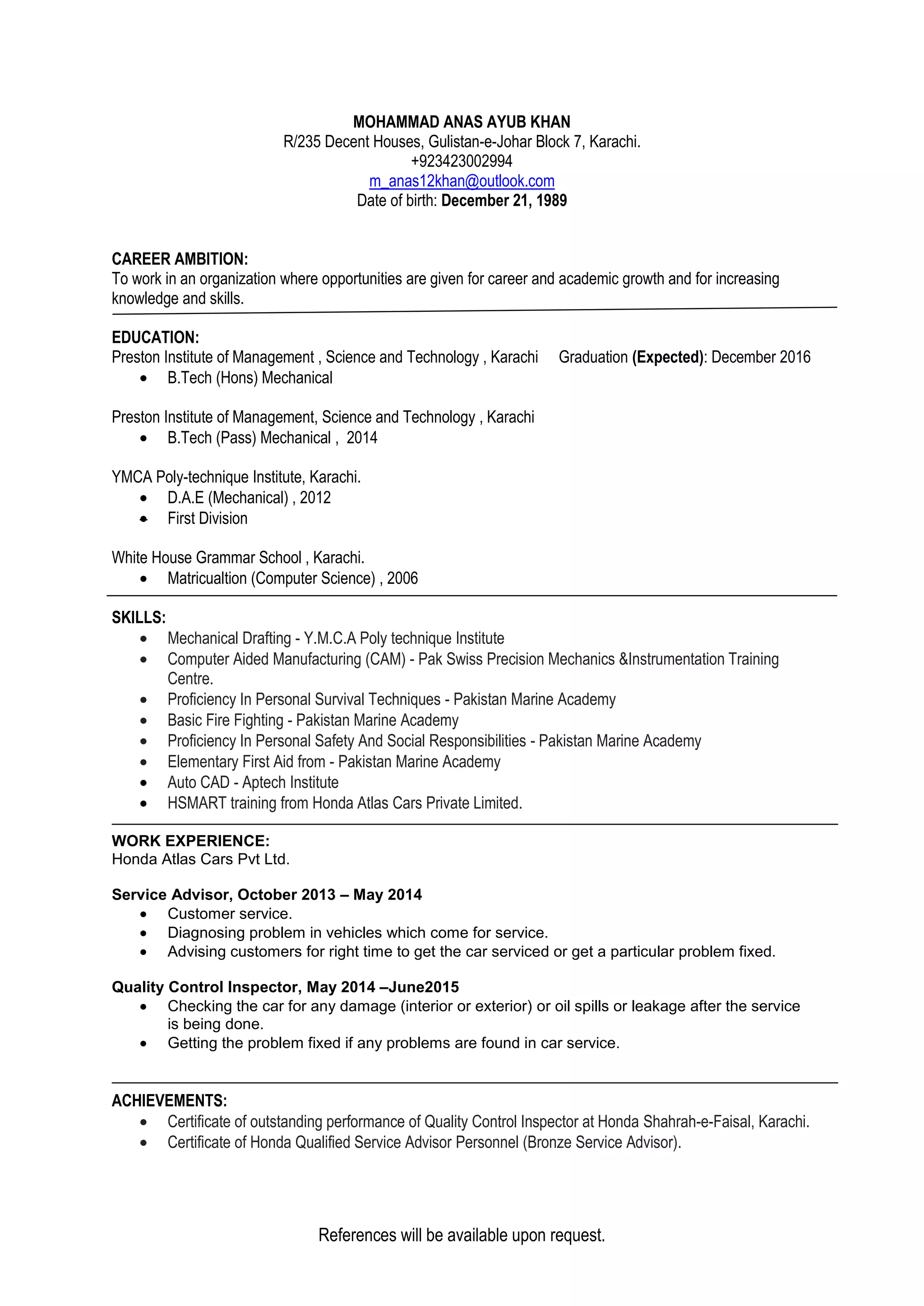 Anas Ayub CV | PDF