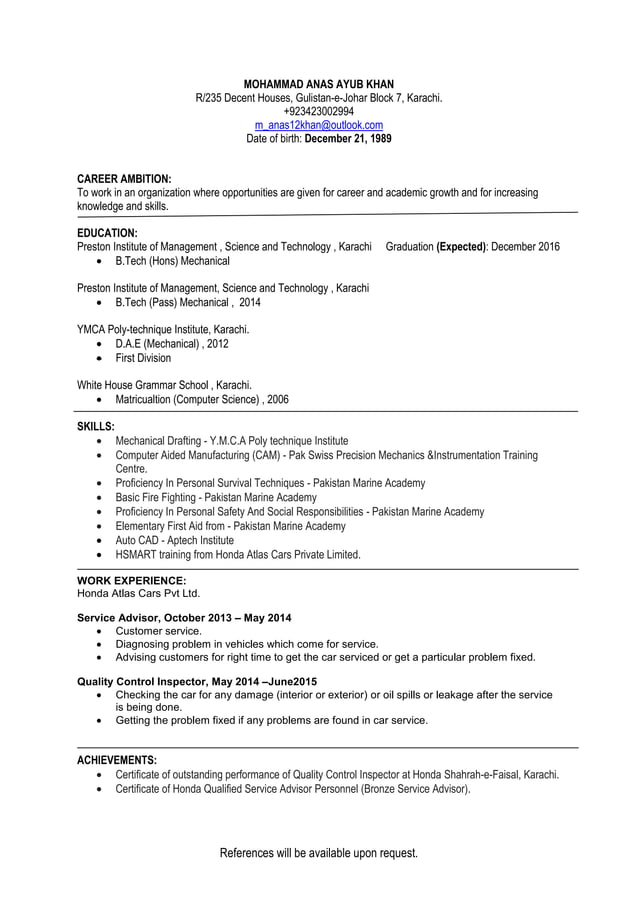 Anas Ayub CV | PDF | Automotive Industry | Industries