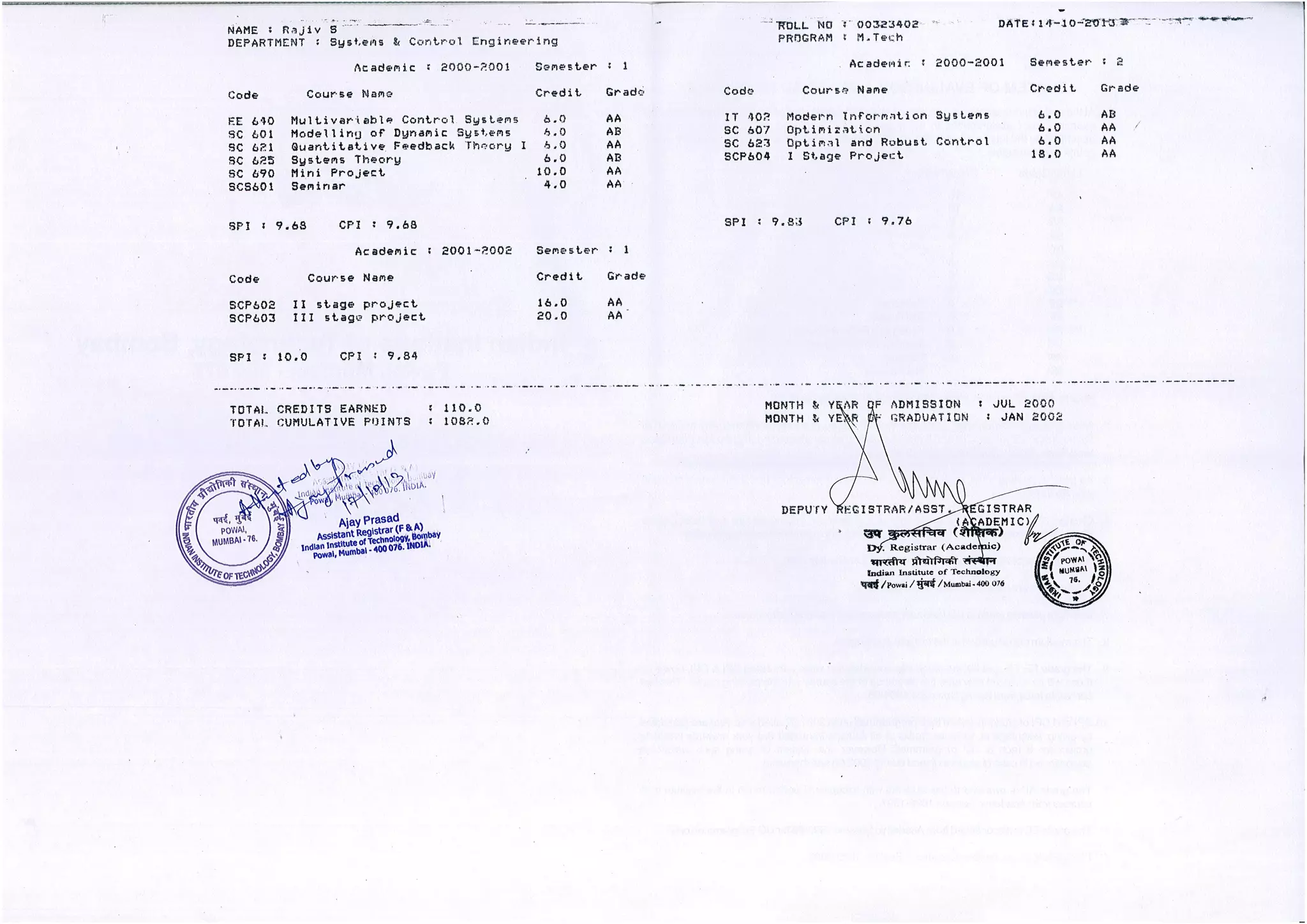 Rajiv Satyanarayan MTech transcript | PPT