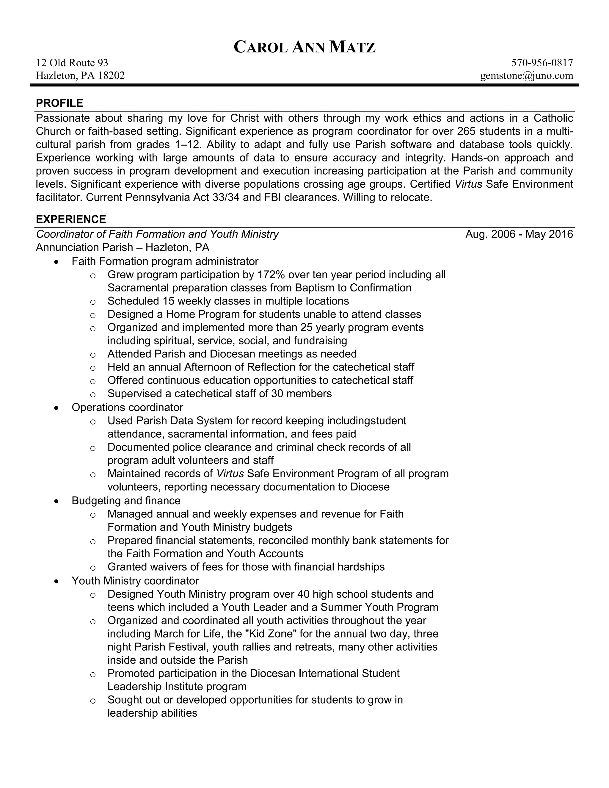 Carol Matz resume 5.21.16 - Parish Administrator (1) (2) | PDF