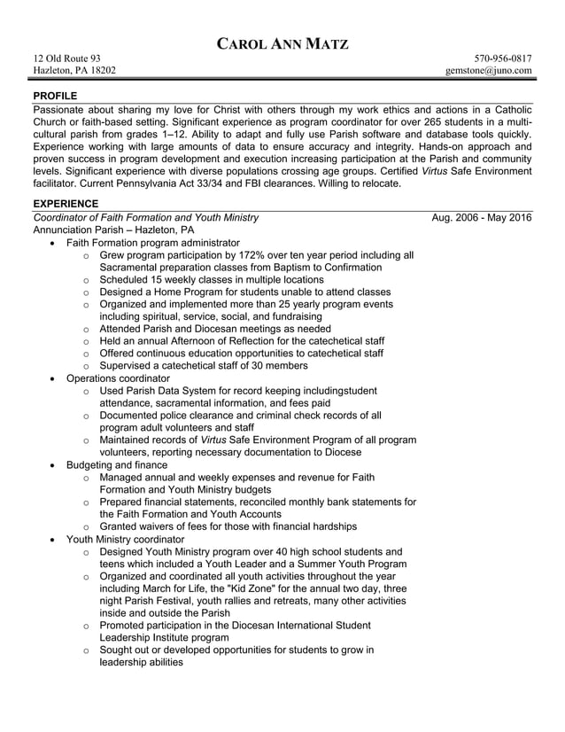 Carol Matz resume 5.21.16 - Parish Administrator (1) (2) | PDF