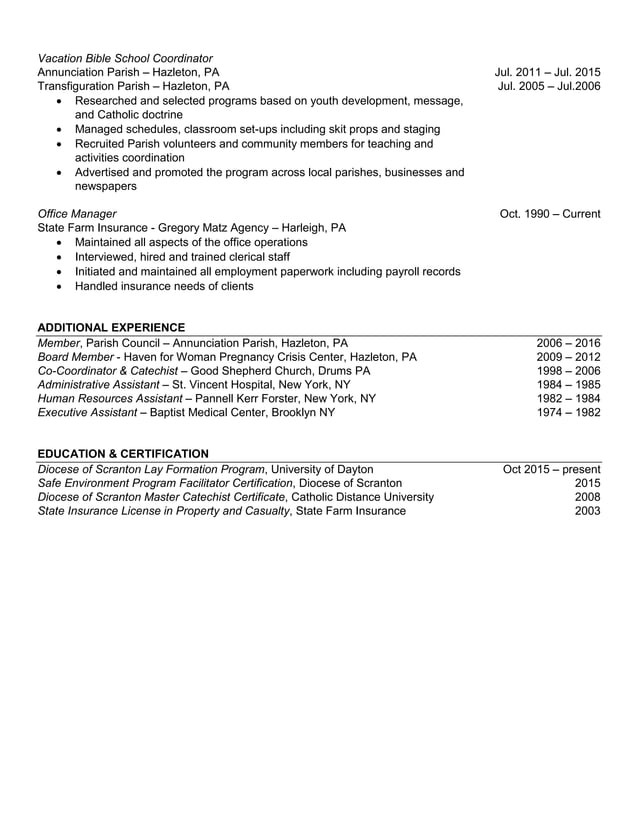 Carol Matz resume 5.21.16 - Parish Administrator (1) (2) | PDF