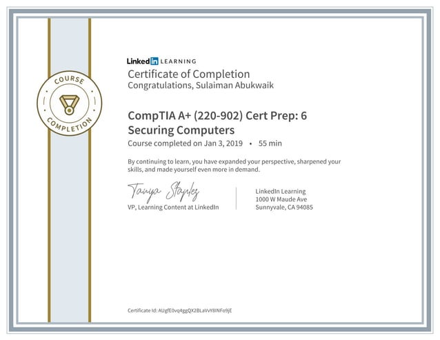 Certificate ofcompletion comptia a plus 220 902 cert prep 6 securing ...