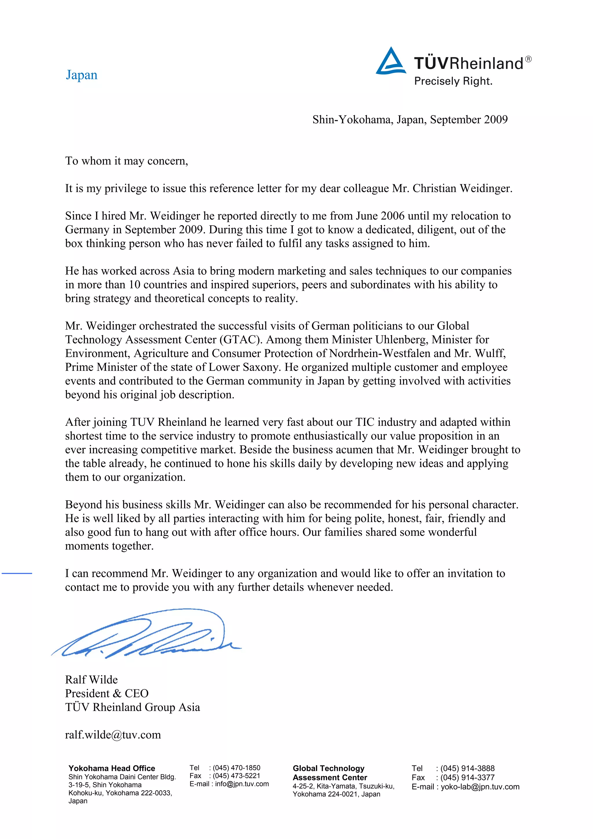 Recommendation letter TUV Rheinland, signed by Dr Wilde | PDF