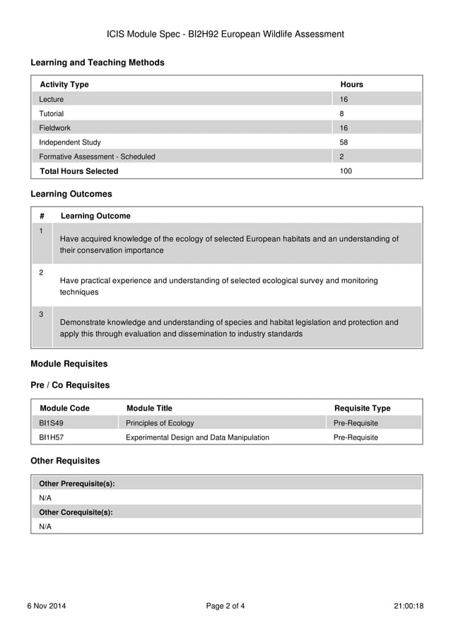 ICIS Module Spec - BI2H92 European Wildlife Assessment | PDF
