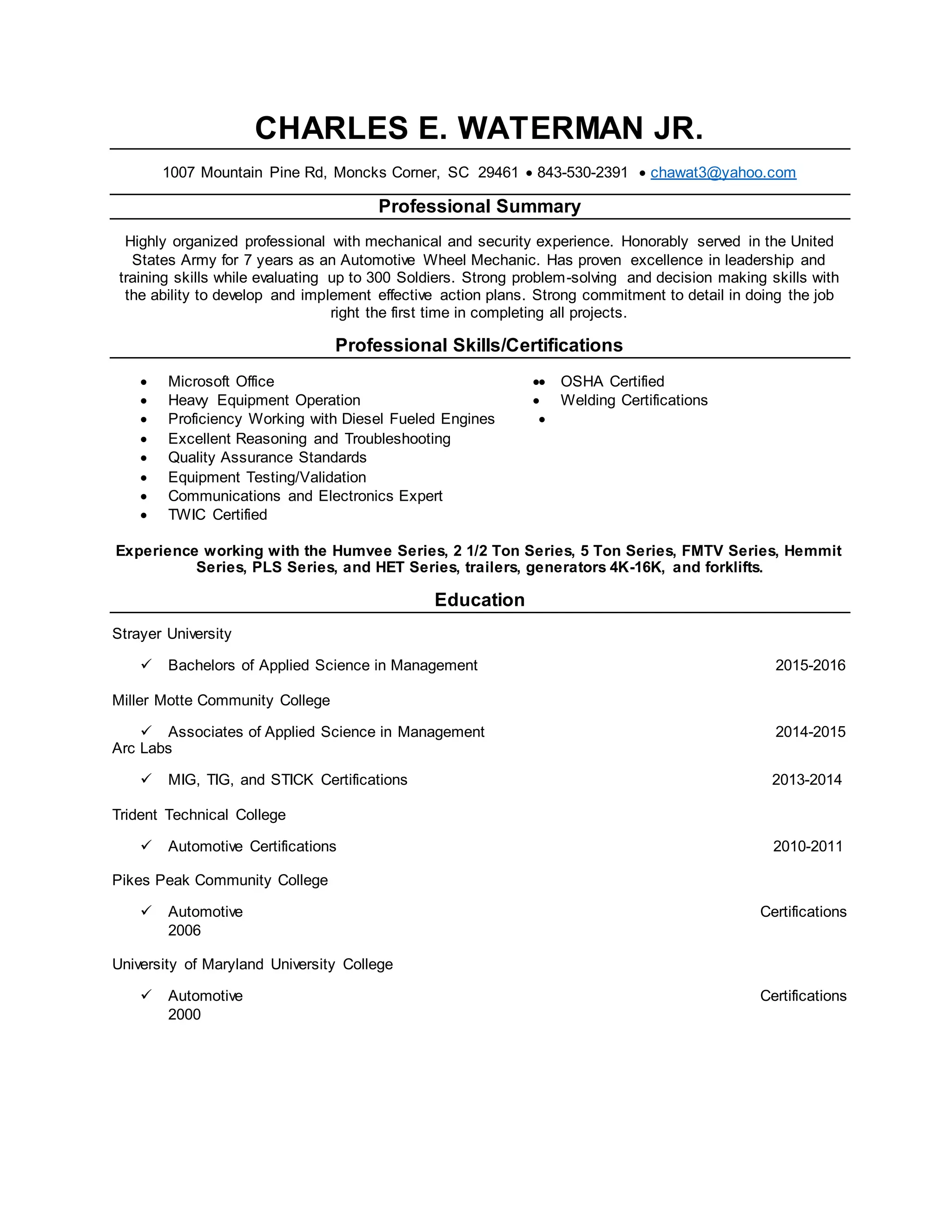 Charles E Waterman Jr Resume | DOCX | Commercial Trucks | Auto Body Styles
