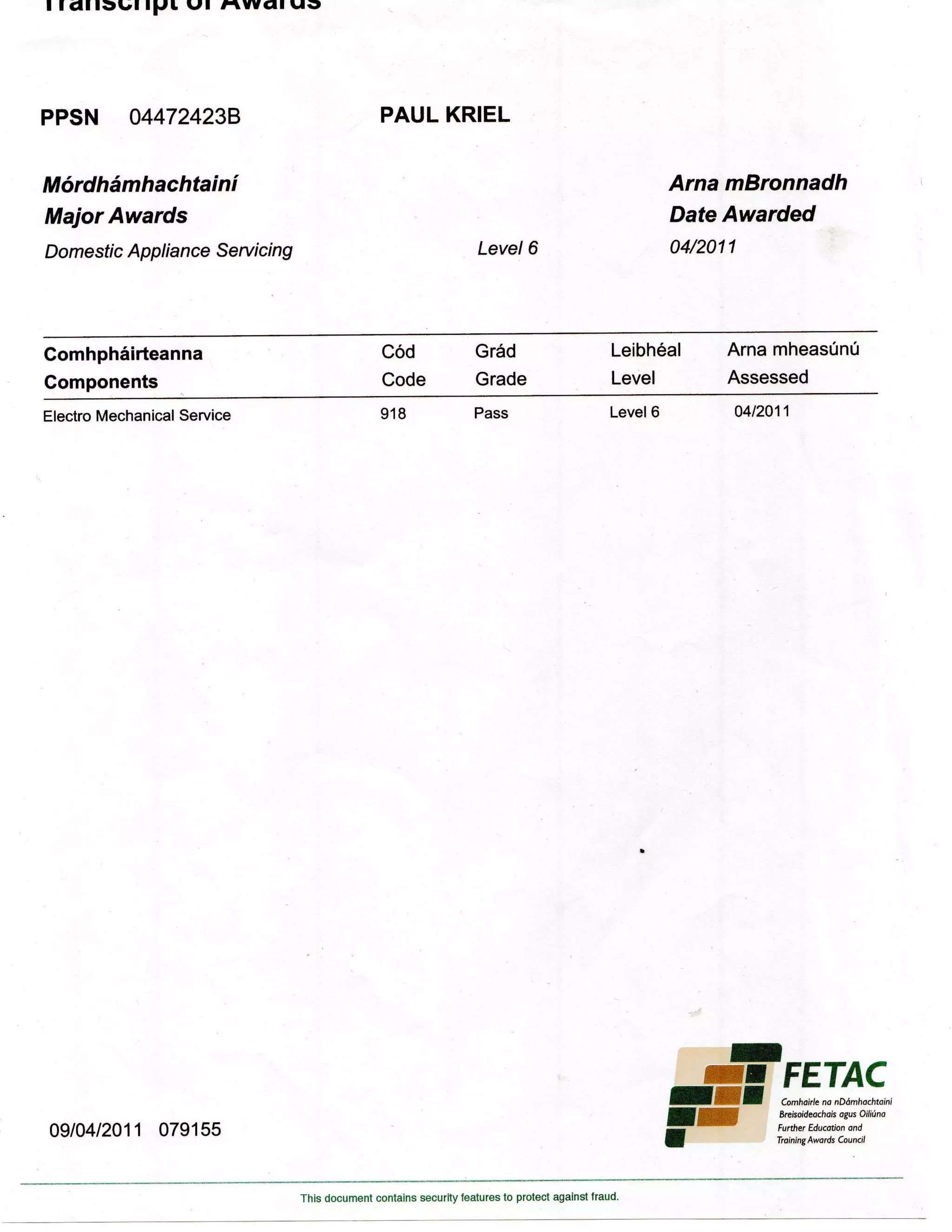 paul FETAC leavel 6 Exams Resault | PDF