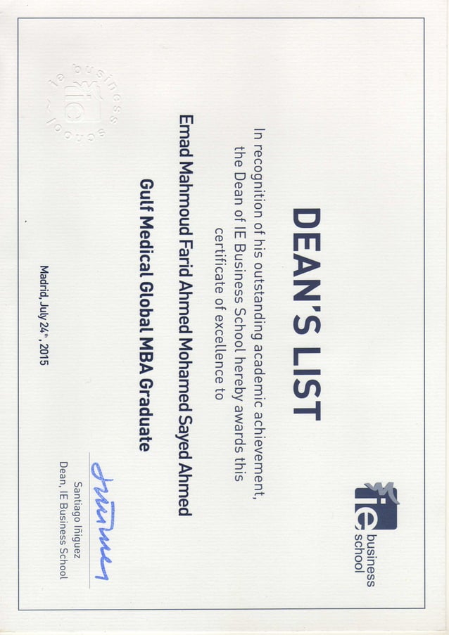 Dean's List certificate IE business school | PDF