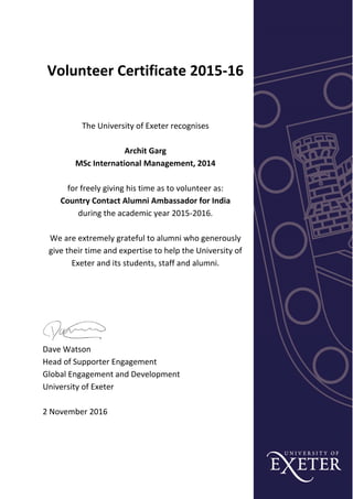 Volunteer certificate 2015-16 Archit Garg | PDF