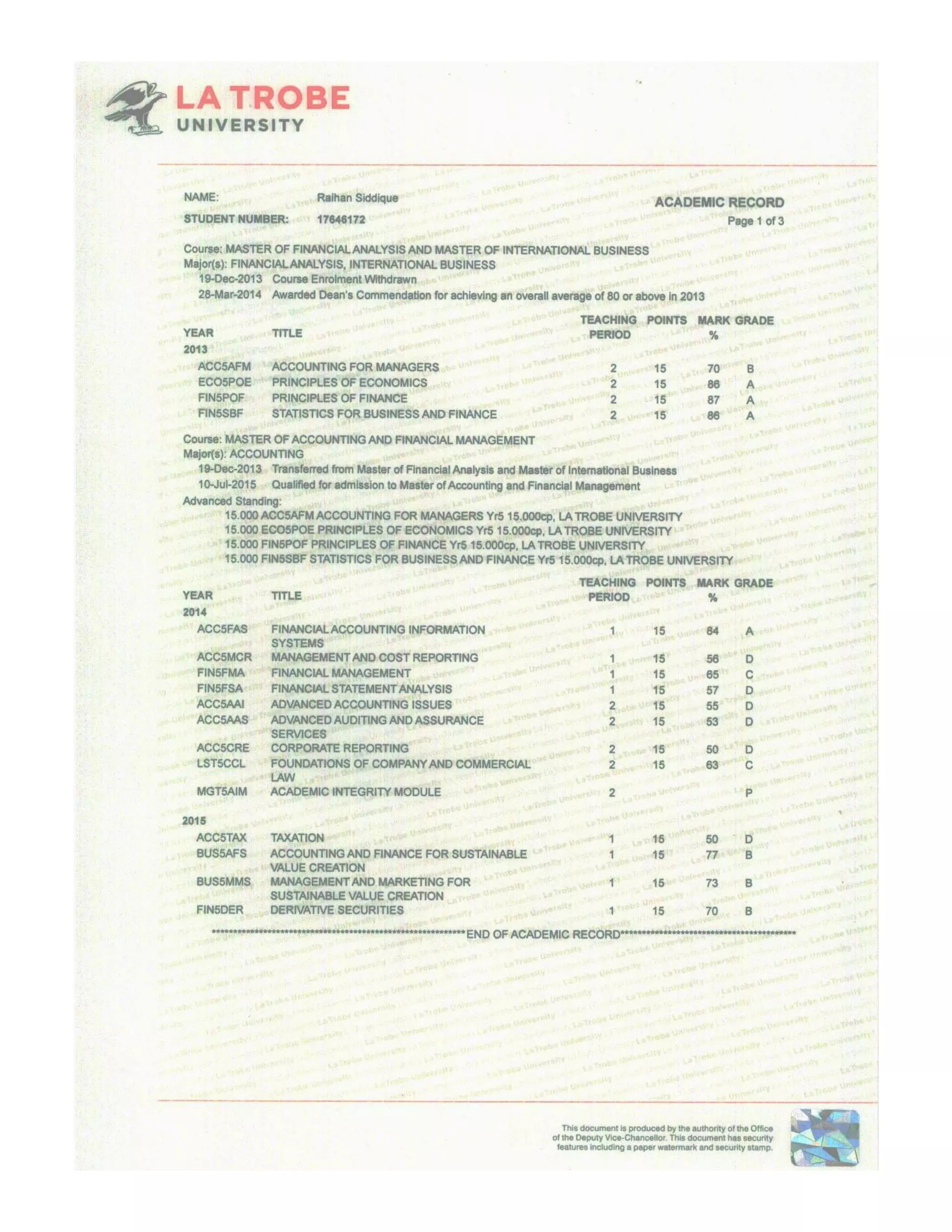 Raihan La Trobe Transcript | PDF