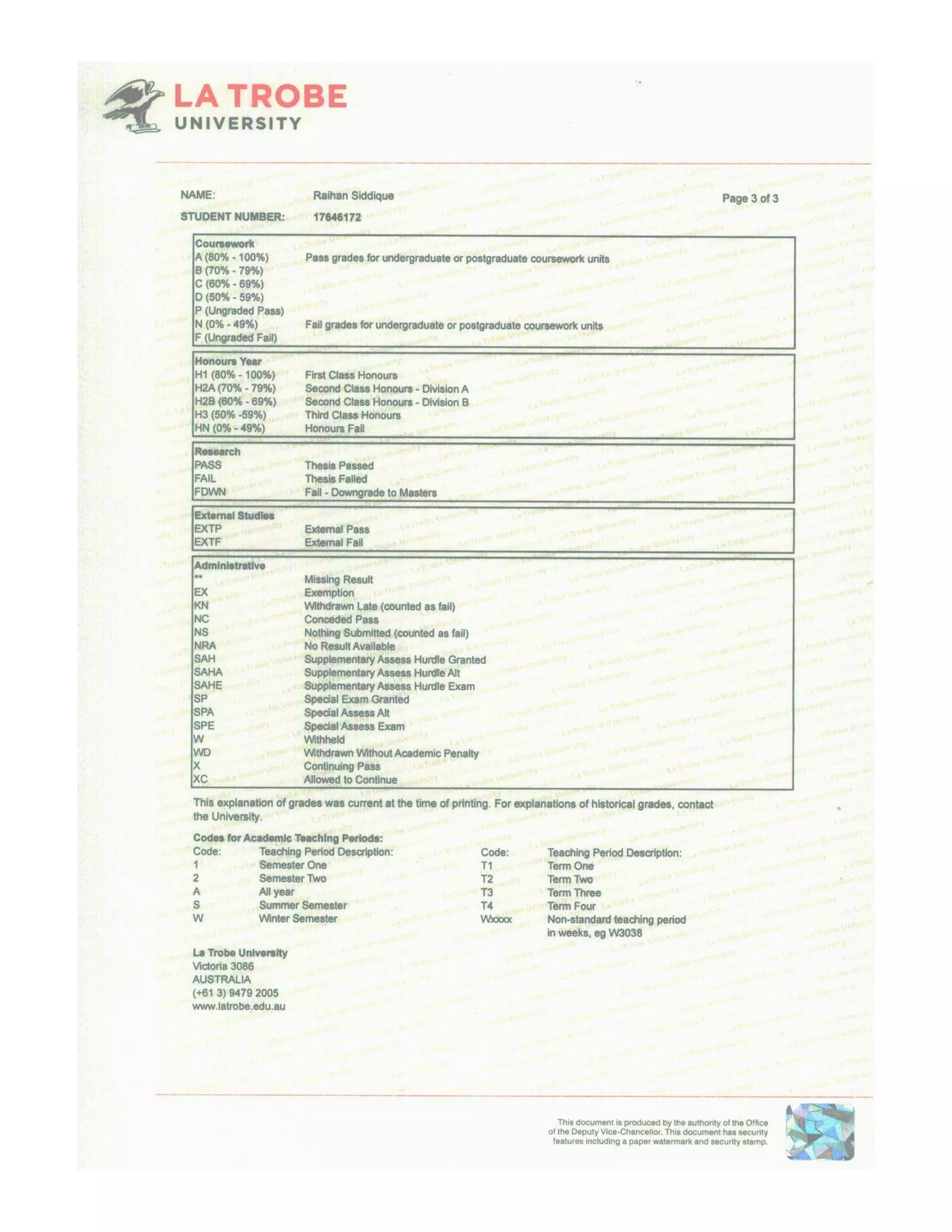 Raihan La Trobe Transcript | PDF