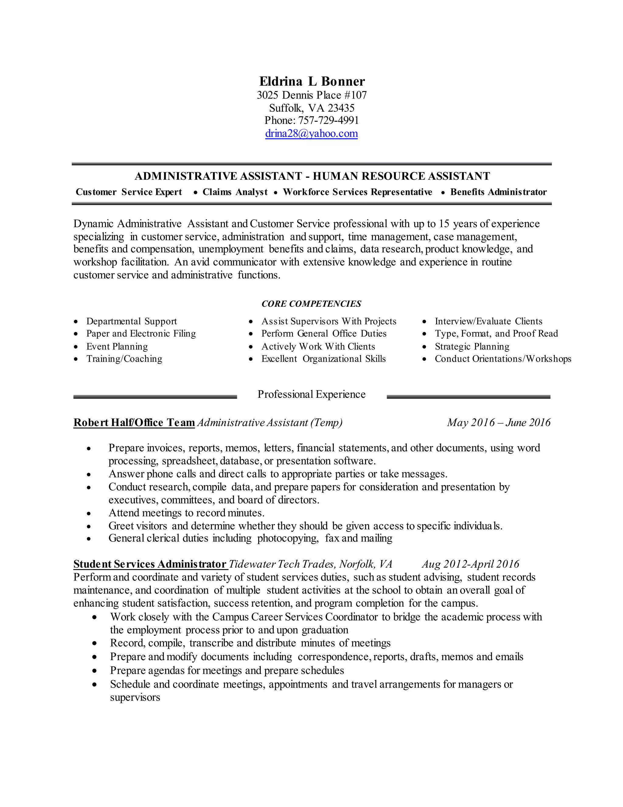 Eldrina Bonner Administrative Resume | DOCX