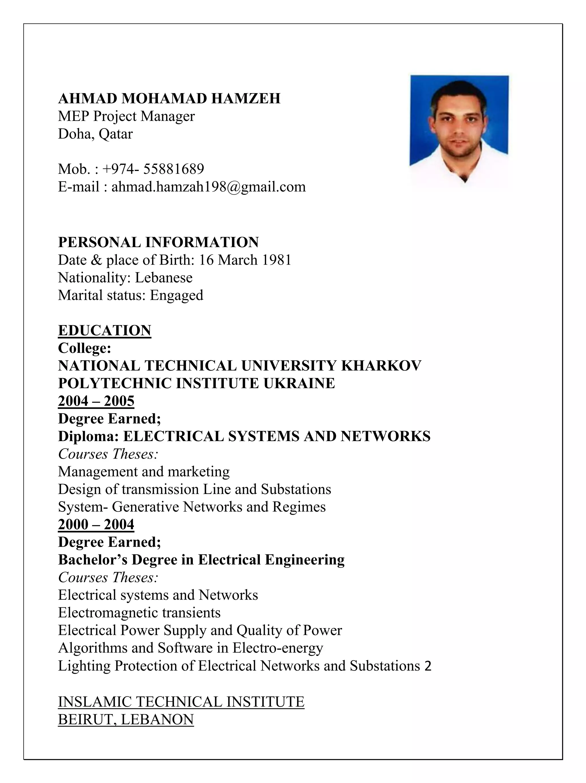 AHMAD MOHAMAD HAMZEH-CV-2015 (2) | PDF