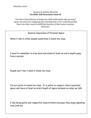 Personal Space Intervention Plan, Activities | PDF