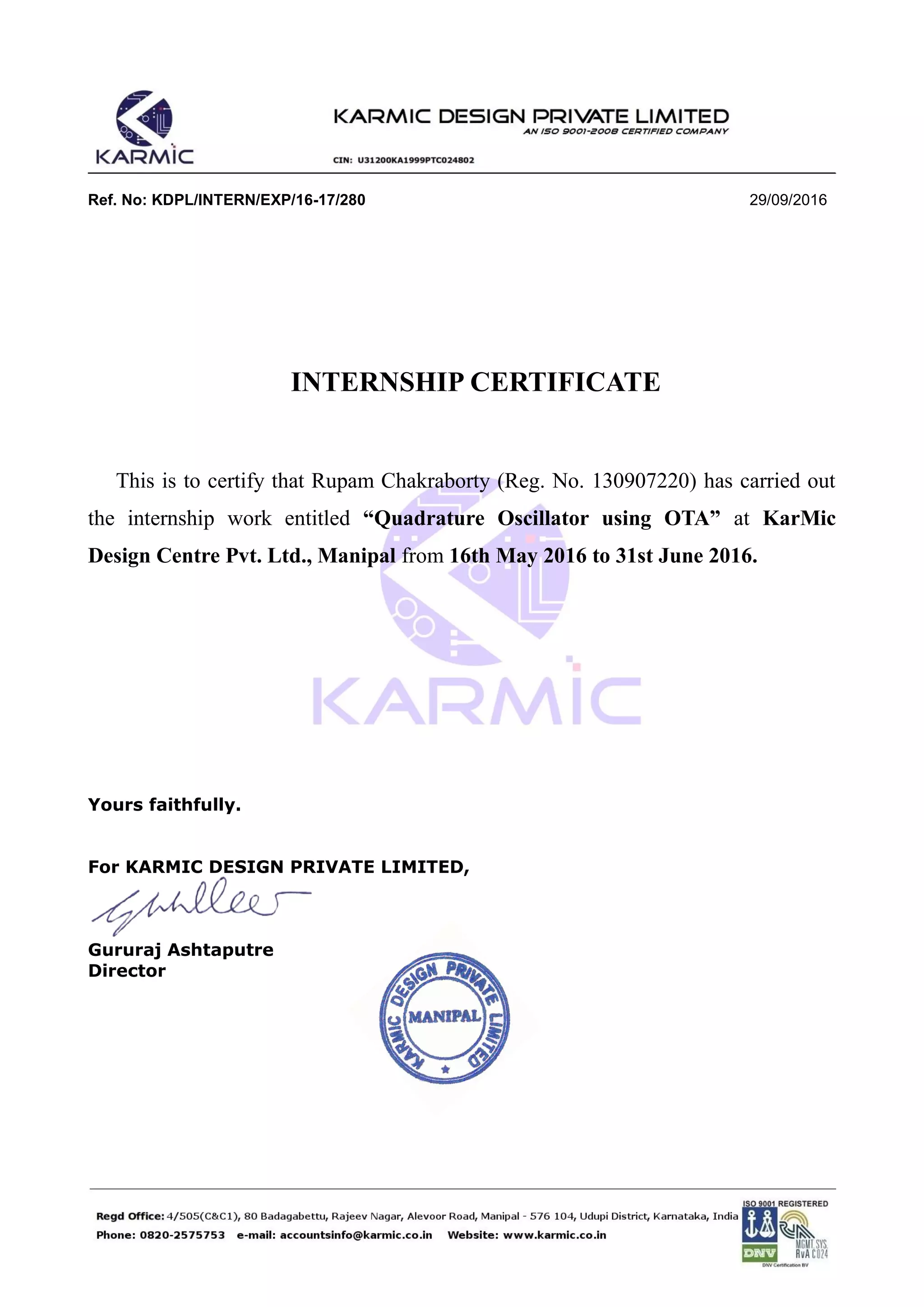 (KDPL-280)_ Rupam Chakraborty Intership certiicate-1 | PDF