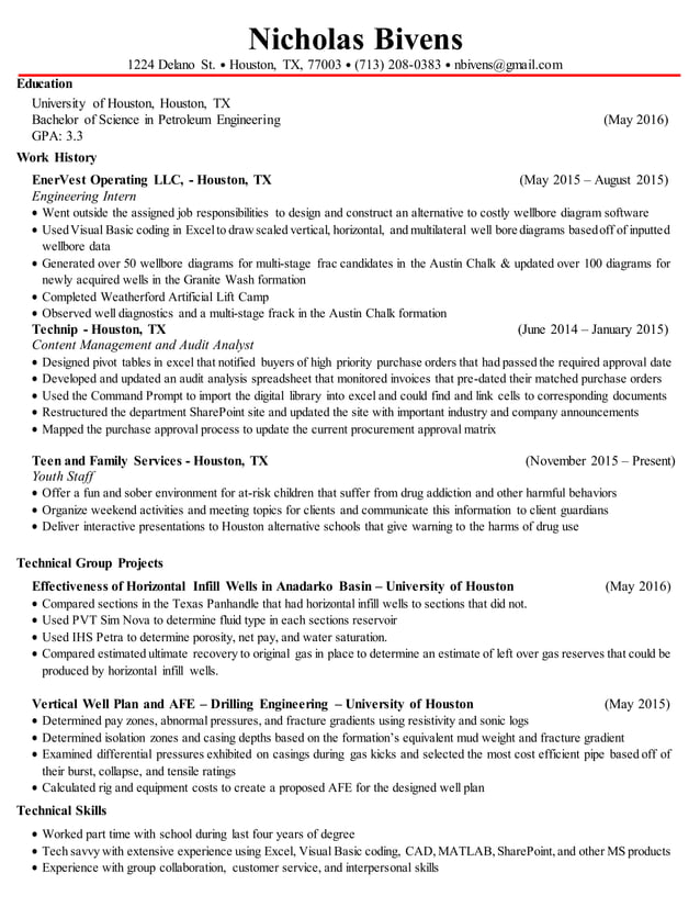 Bivens, Nicholas, 2016 Resume | DOCX | Business and Finance