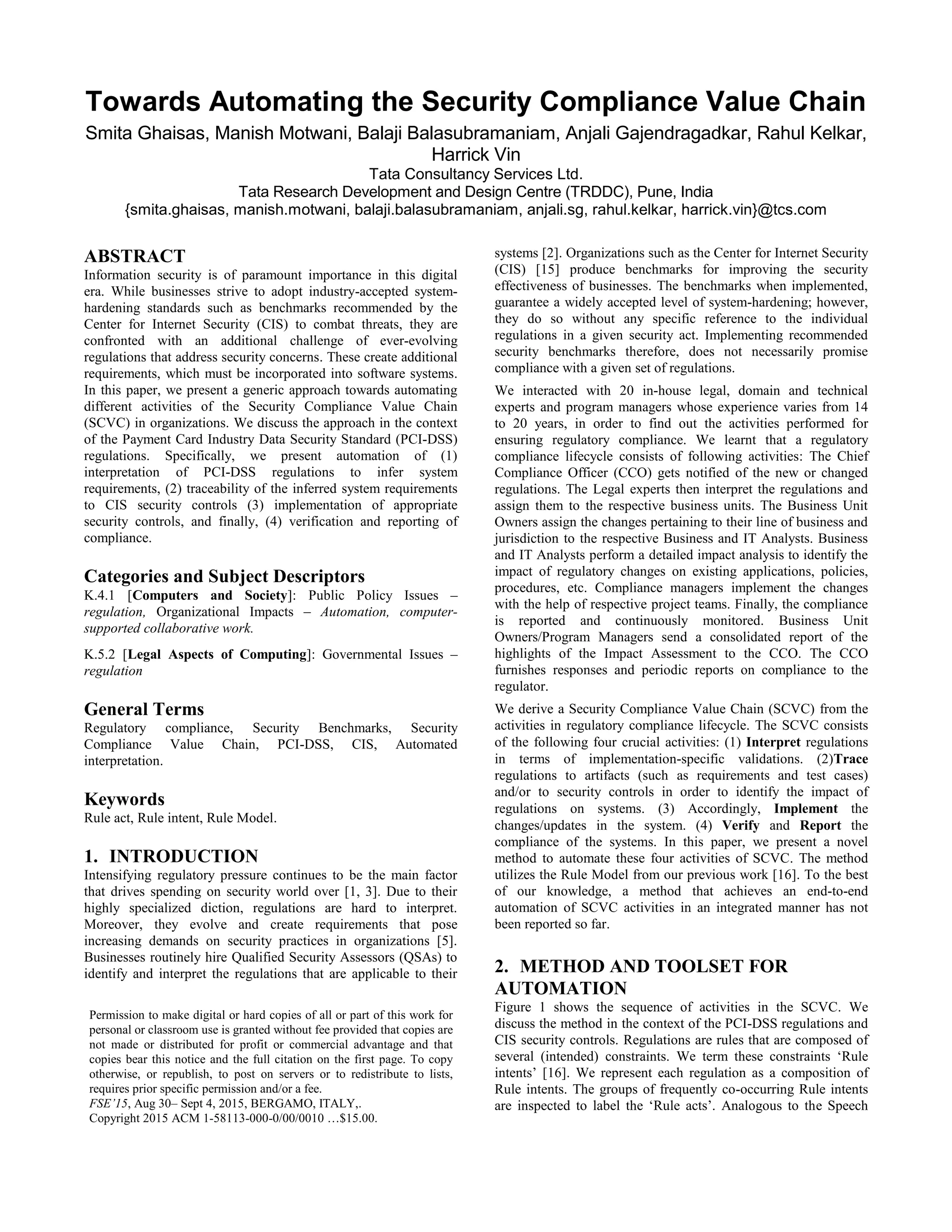 Towards Automating Security Compliance Value Chain Fse15 2june Submitted Final Pdf