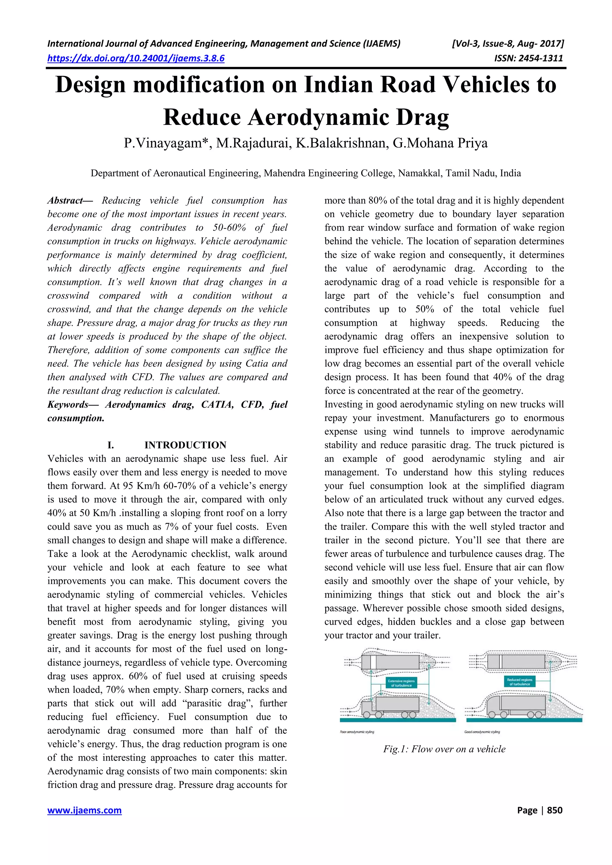 Design modification on Indian Road Vehicles to Reduce Aerodynamic Drag | PDF
