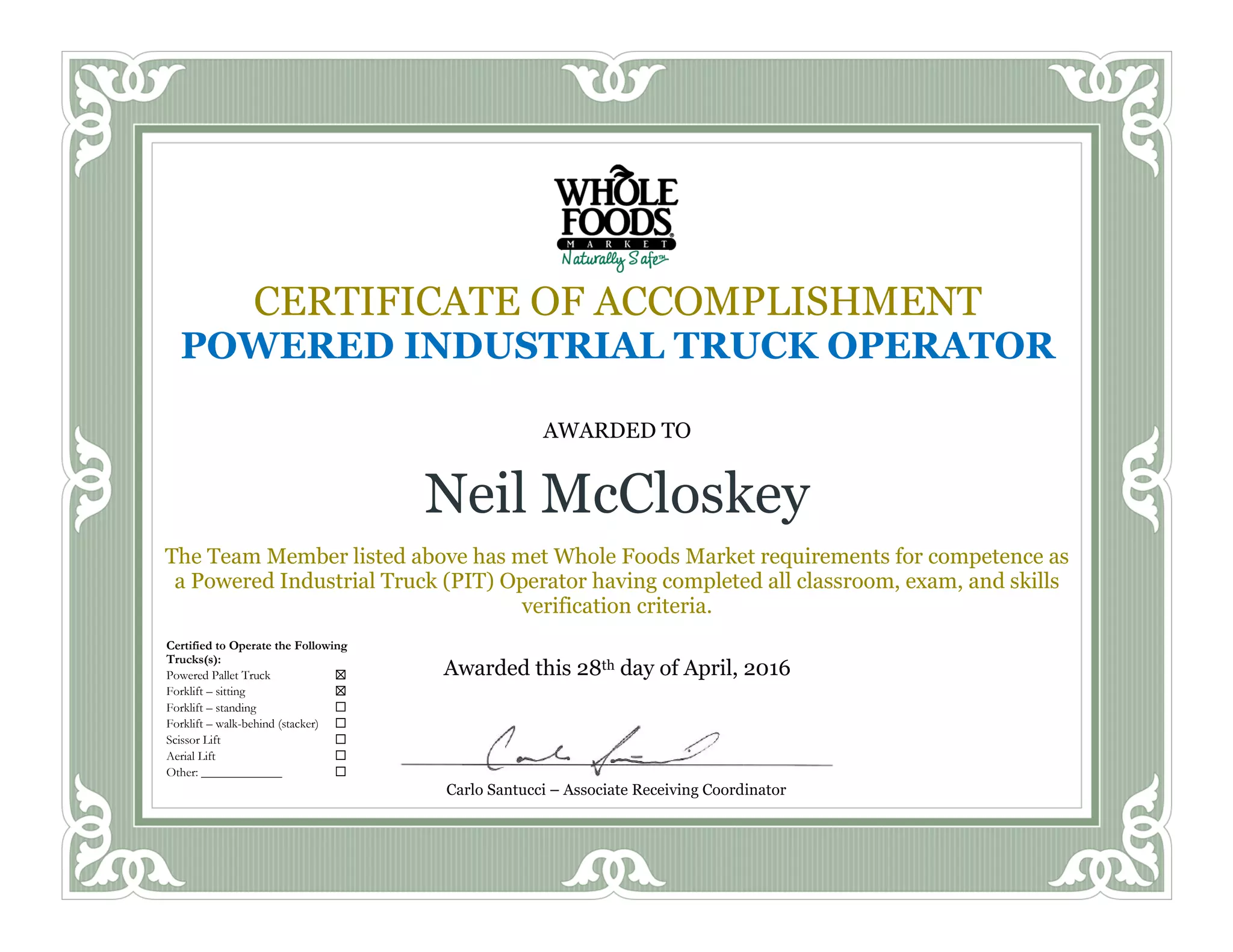 PIT Operator Certificate_Neil McCloskey | PDF