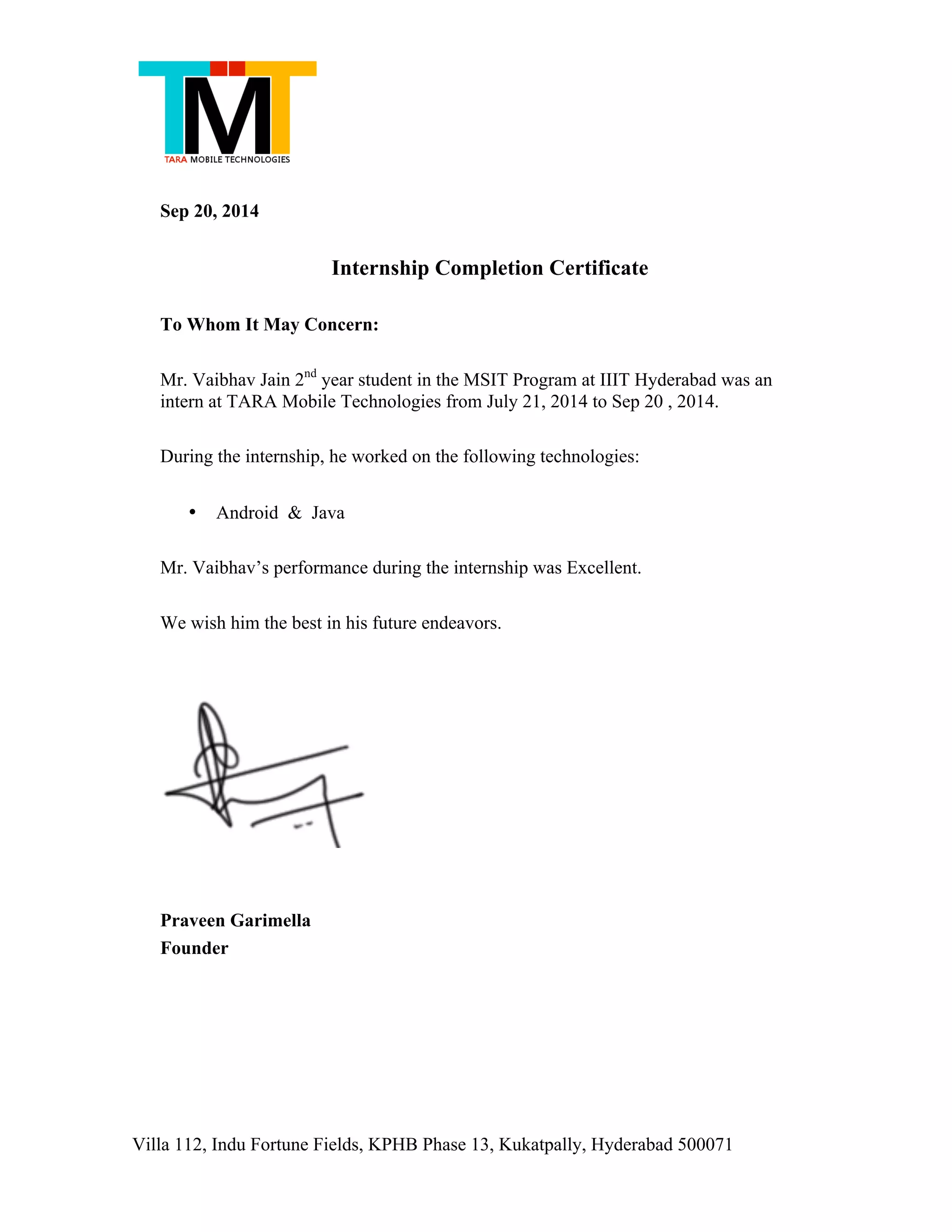 Vaibhav's 2nd internship letter | PDF