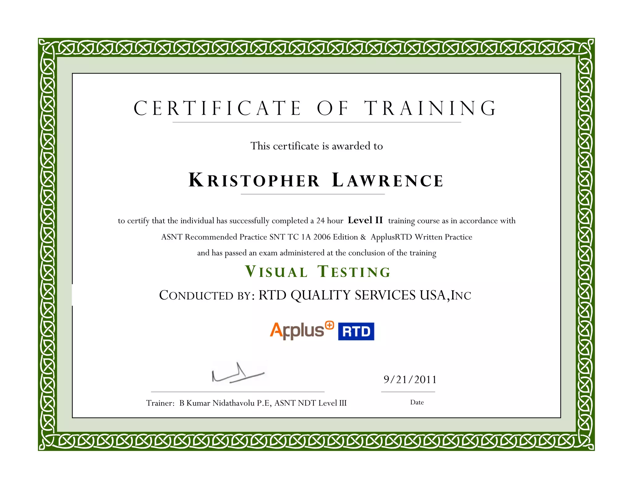 VT Level II training certificate- Kristopher | PPT | Free Download