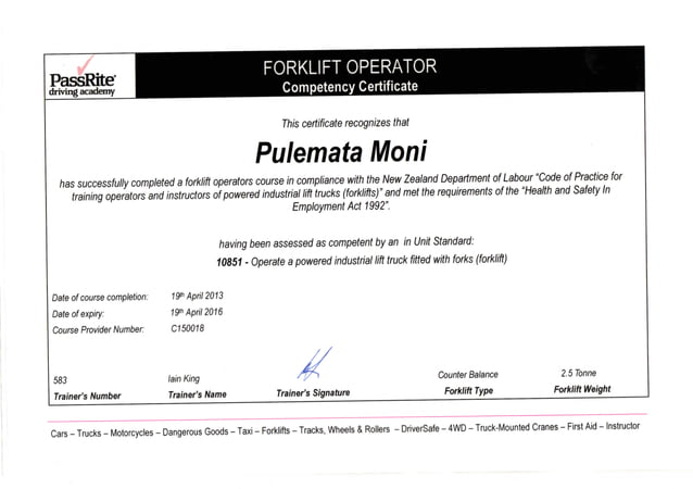 Forklift Operator Certificate | PDF