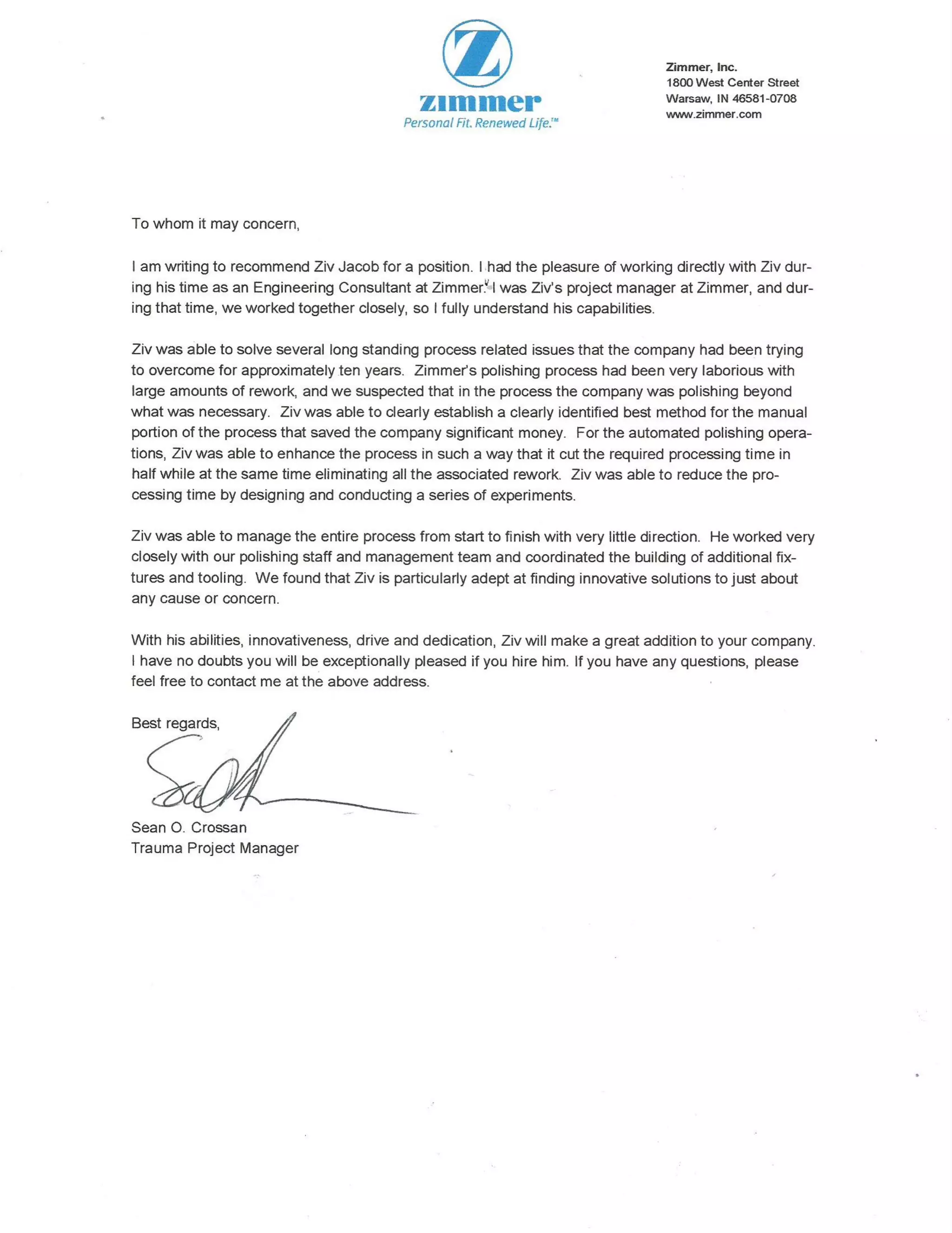 Zimmer's Letter of Recommendation | PDF