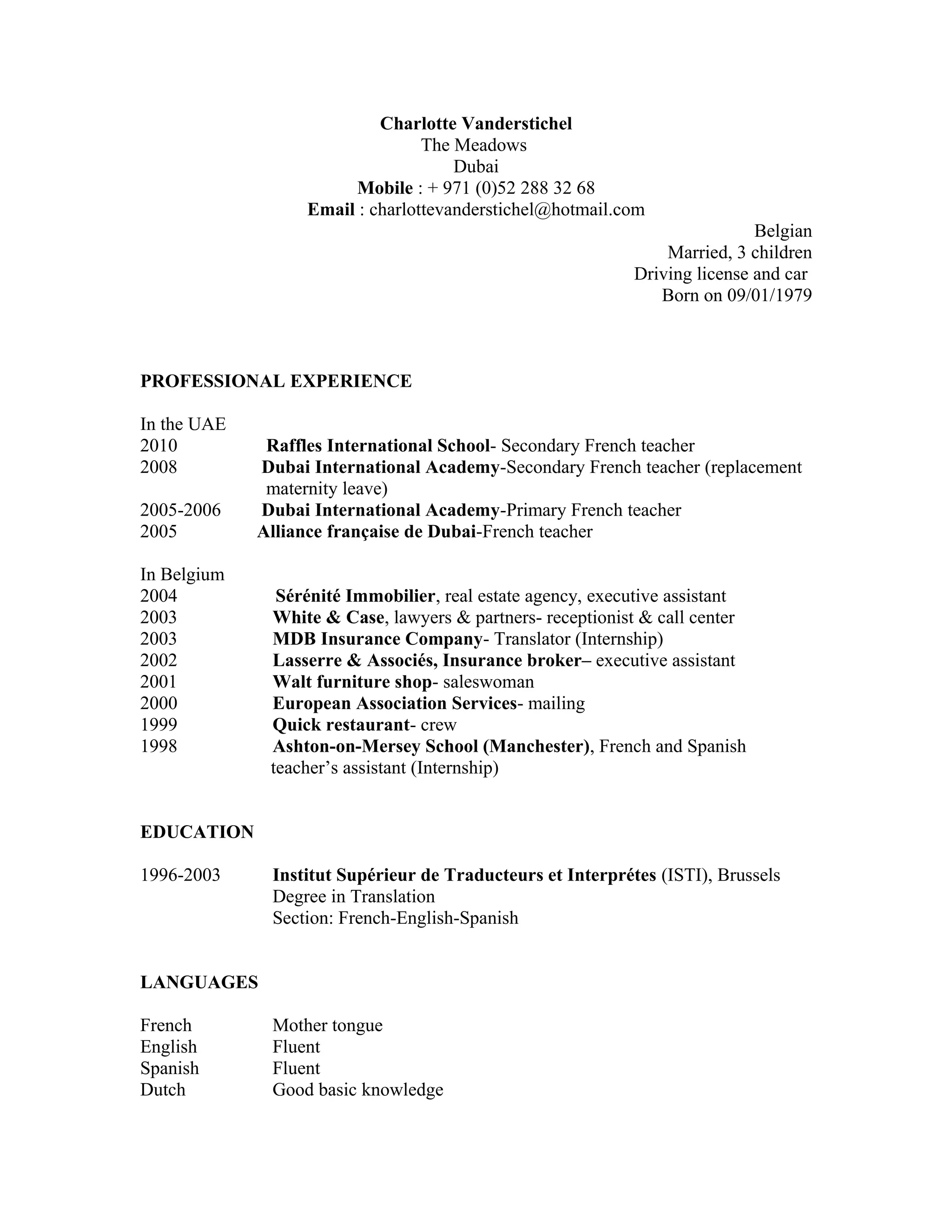 CV French Teacher Charlotte | DOC