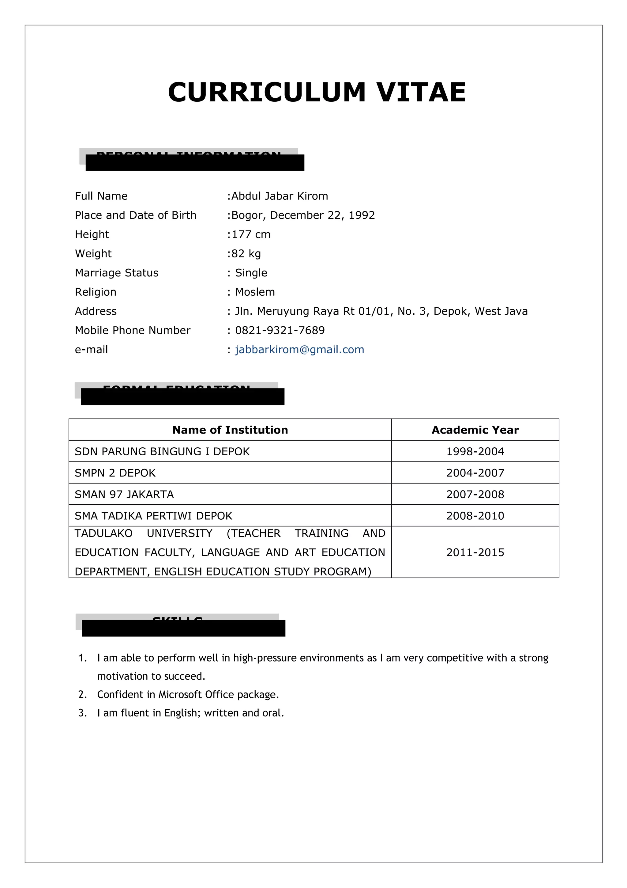 CV Abdul Jabar Kirom, S.Pd | Education