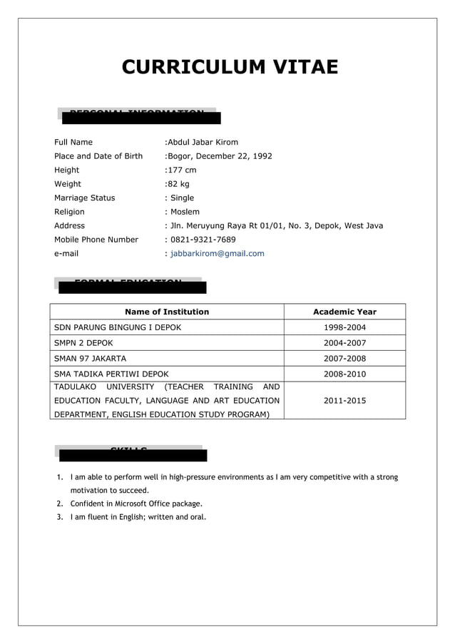 CV Abdul Jabar Kirom, S.Pd | Education