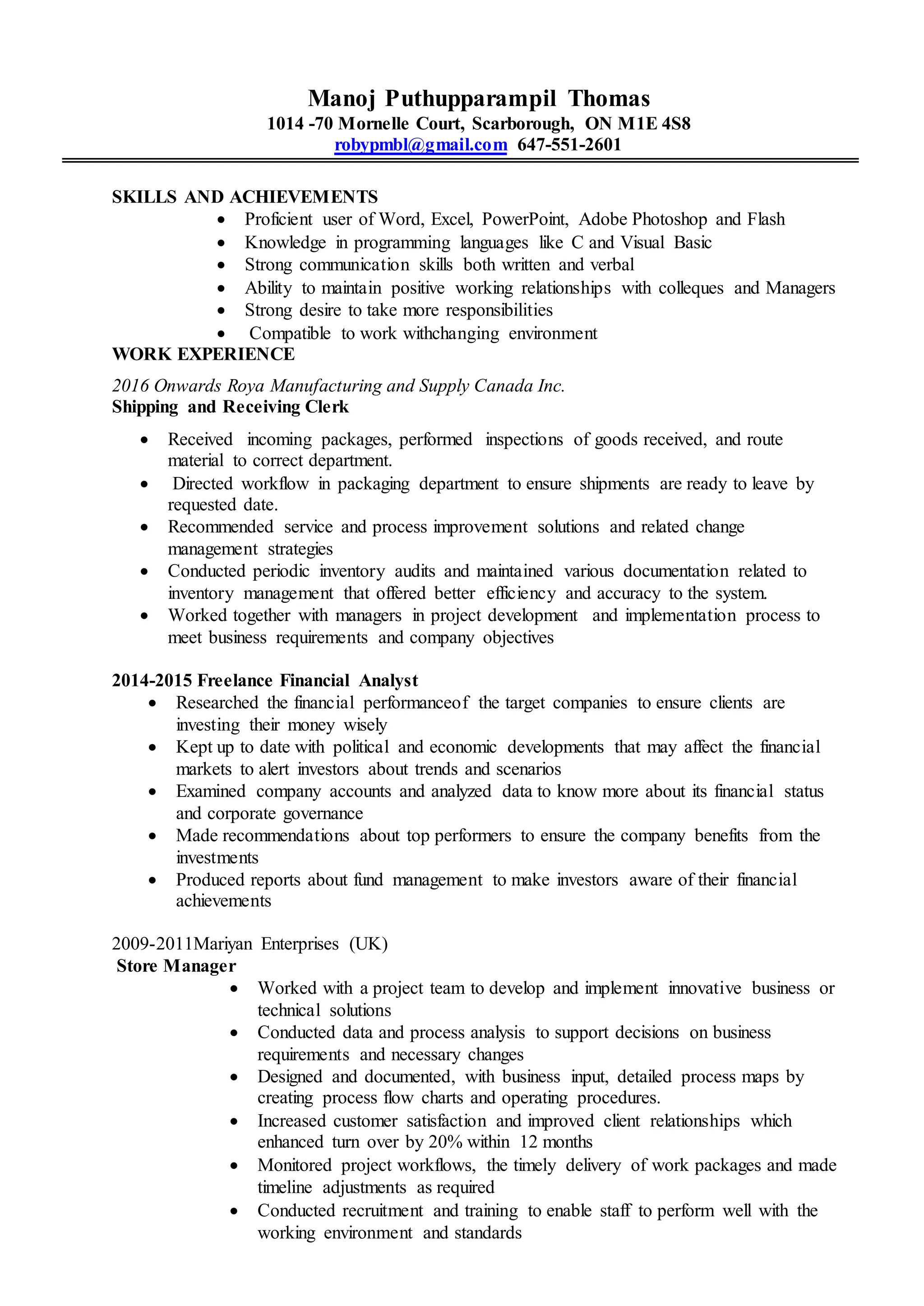 Manoj P.Thomas_resume RBC | PDF Manoj P.Thomas_resume RBC | PDF