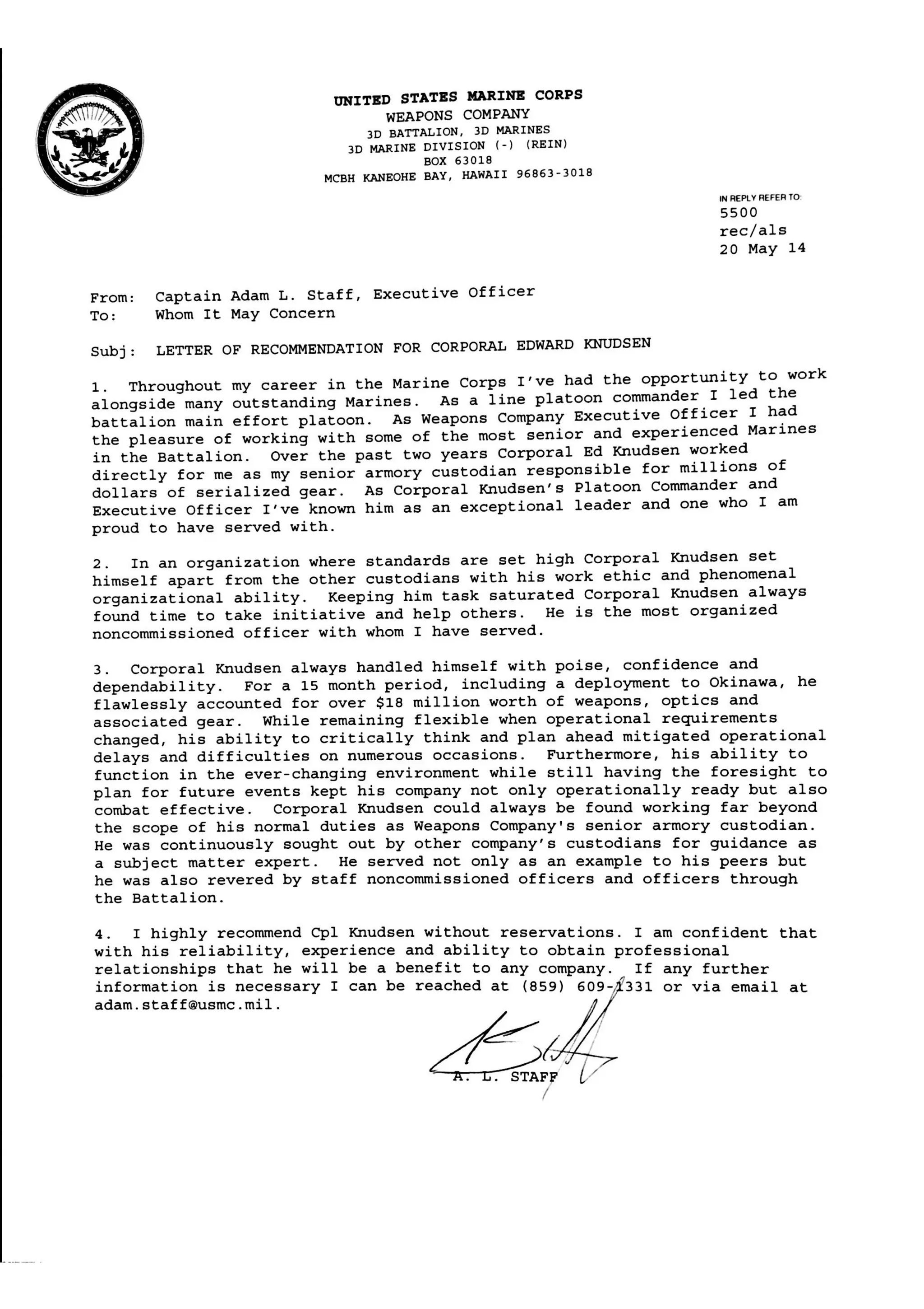 XO Staff Letter of Recommendation | PDF