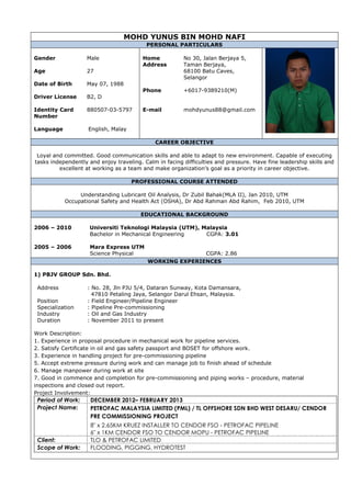 Resume - MOHD YUNUS BIN MOHD NAFI | PDF