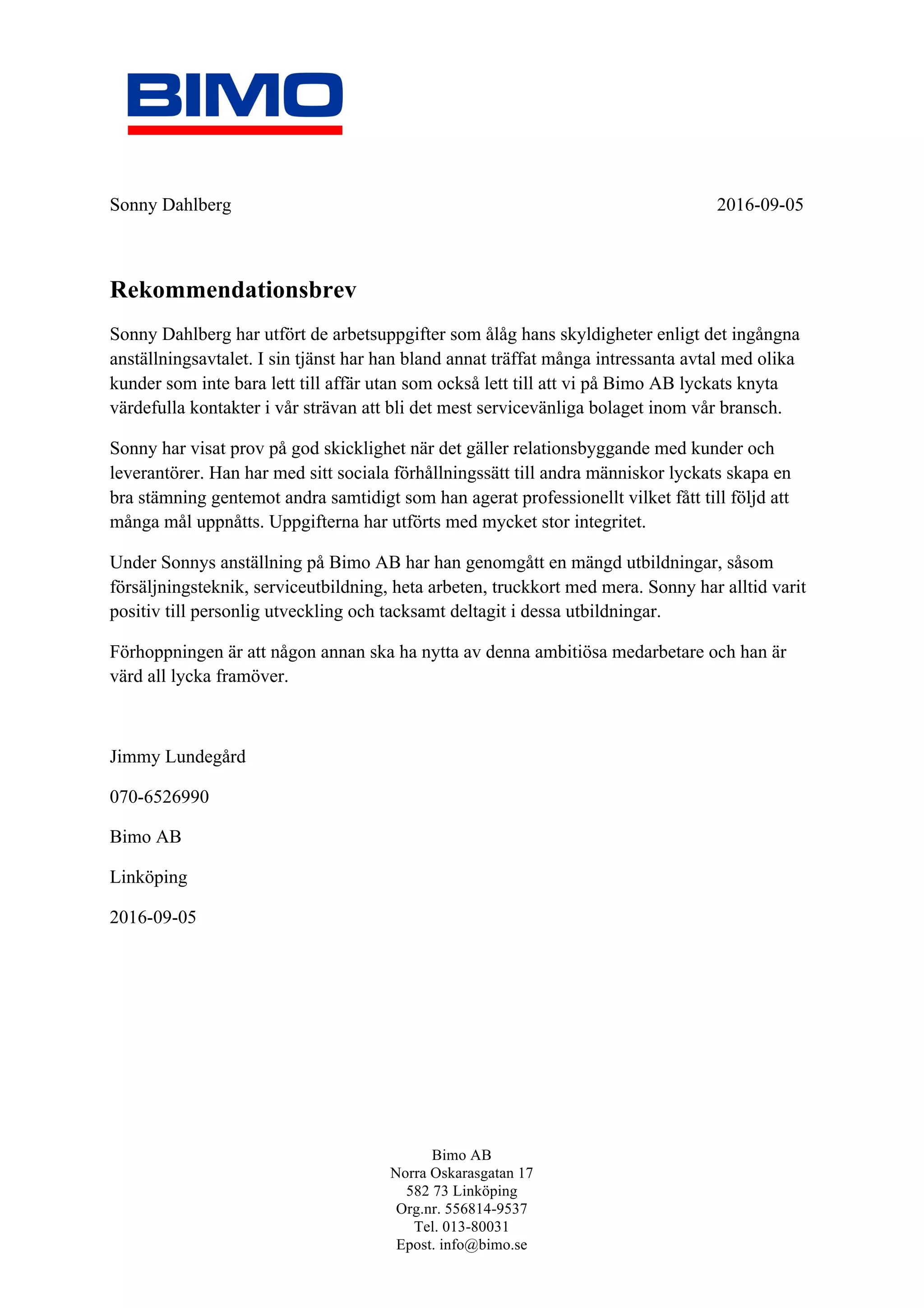 Rekommendationsbrev Sonny Dahlberg | PDF