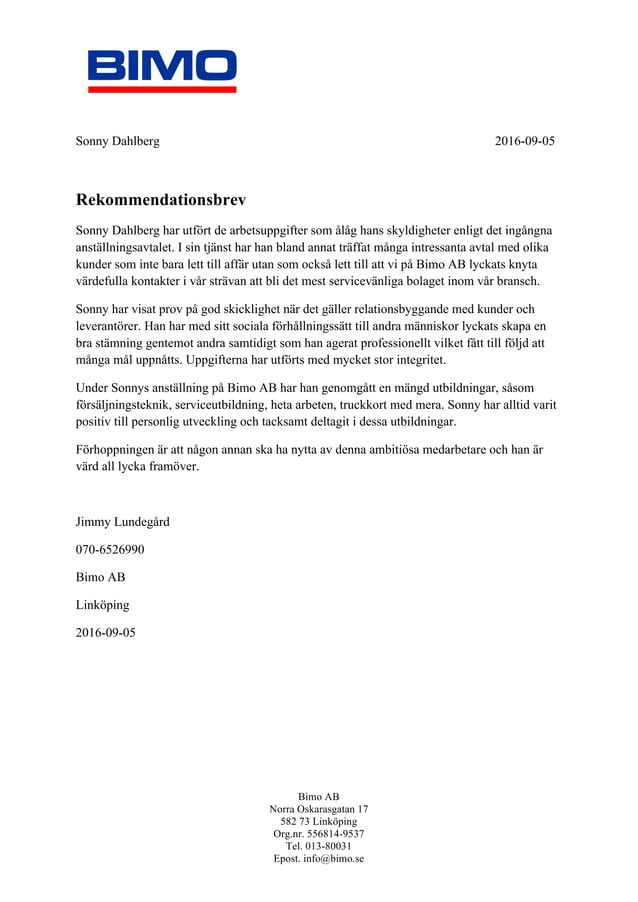 Rekommendationsbrev Sonny Dahlberg | PDF