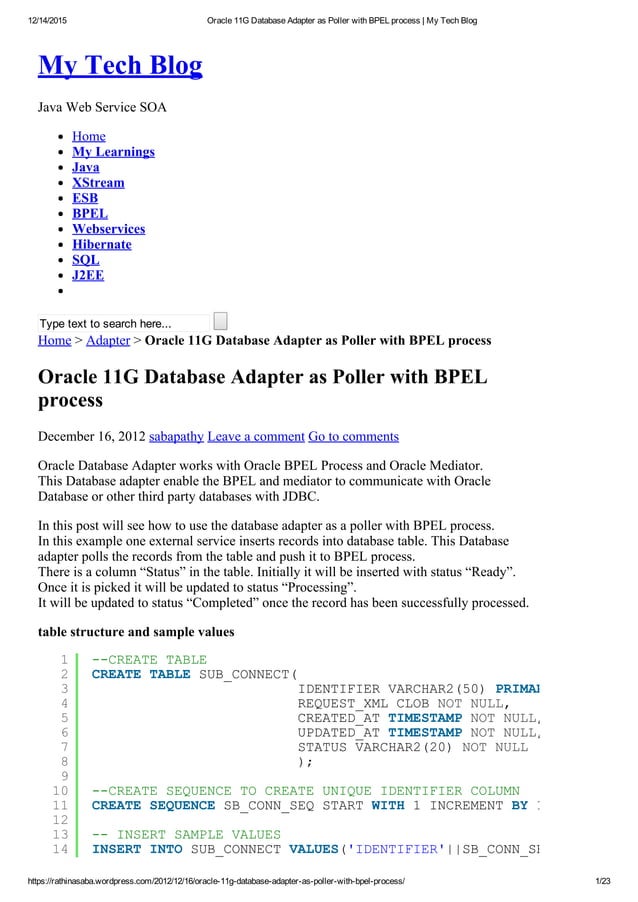 Oracle 11G Database Adapter as Poller with BPEL process _ My Tech Blog | PDF