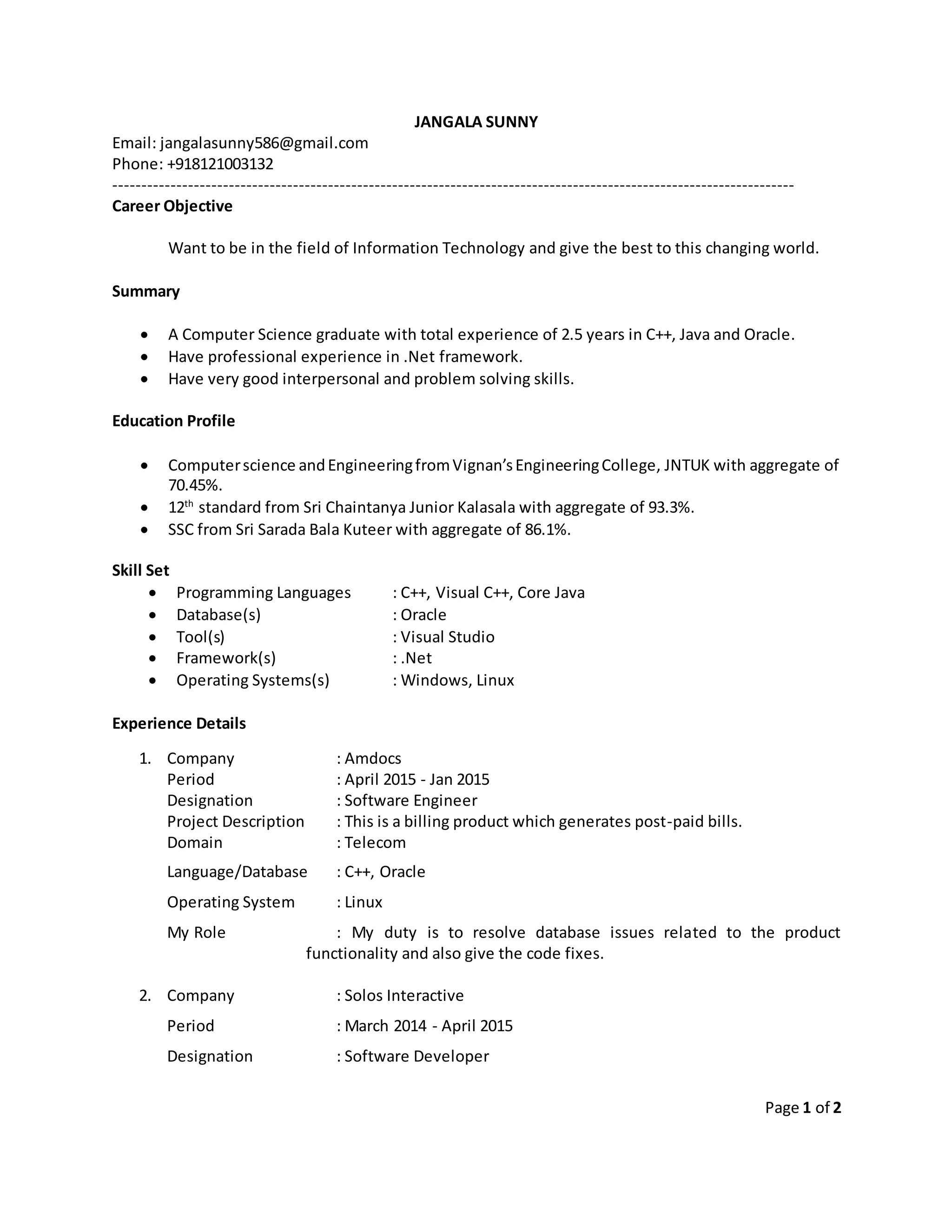 Resume-Jangala Sunny (1) | PDF