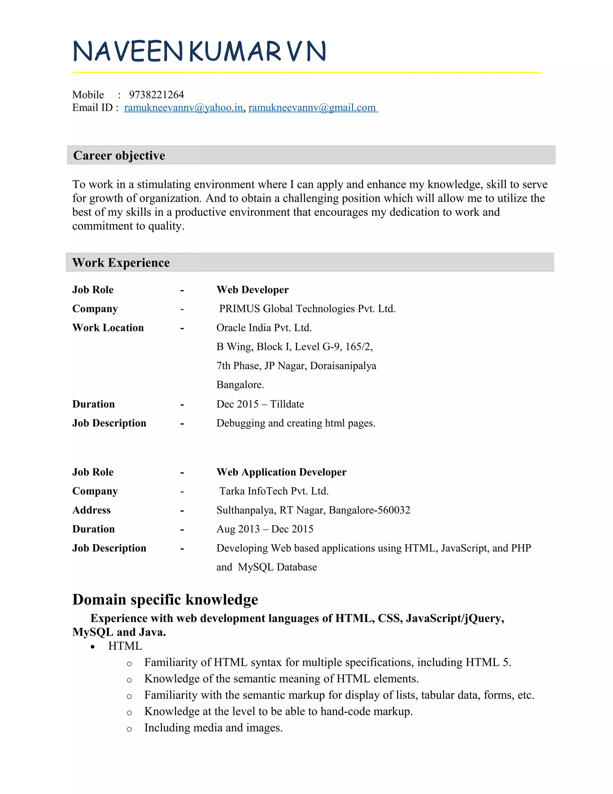 Naveen_RESUME | DOC | Web Design and HTML | Internet