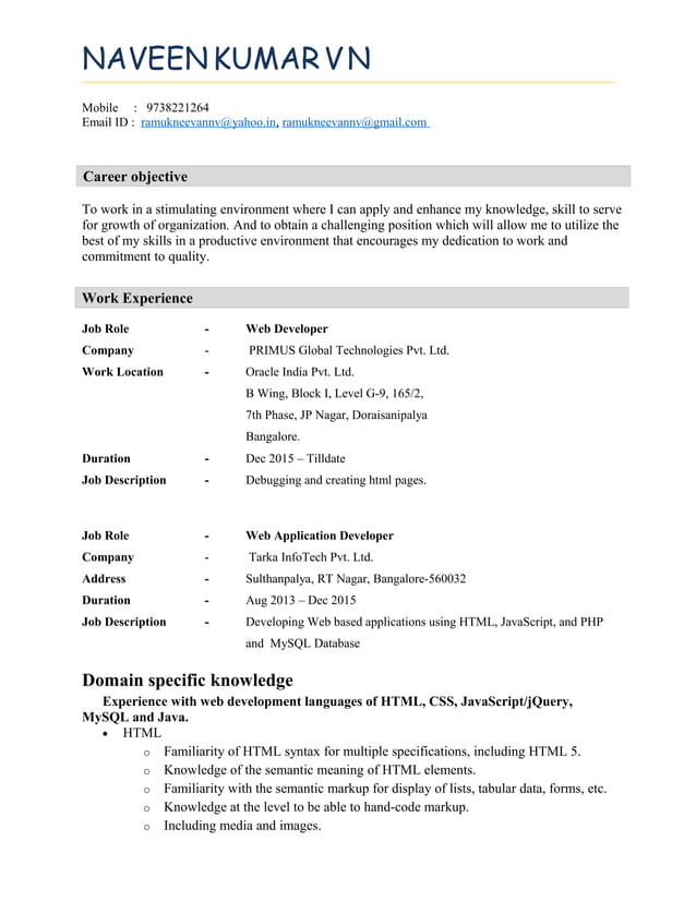 Naveen_RESUME | DOC | Web Design and HTML | Internet