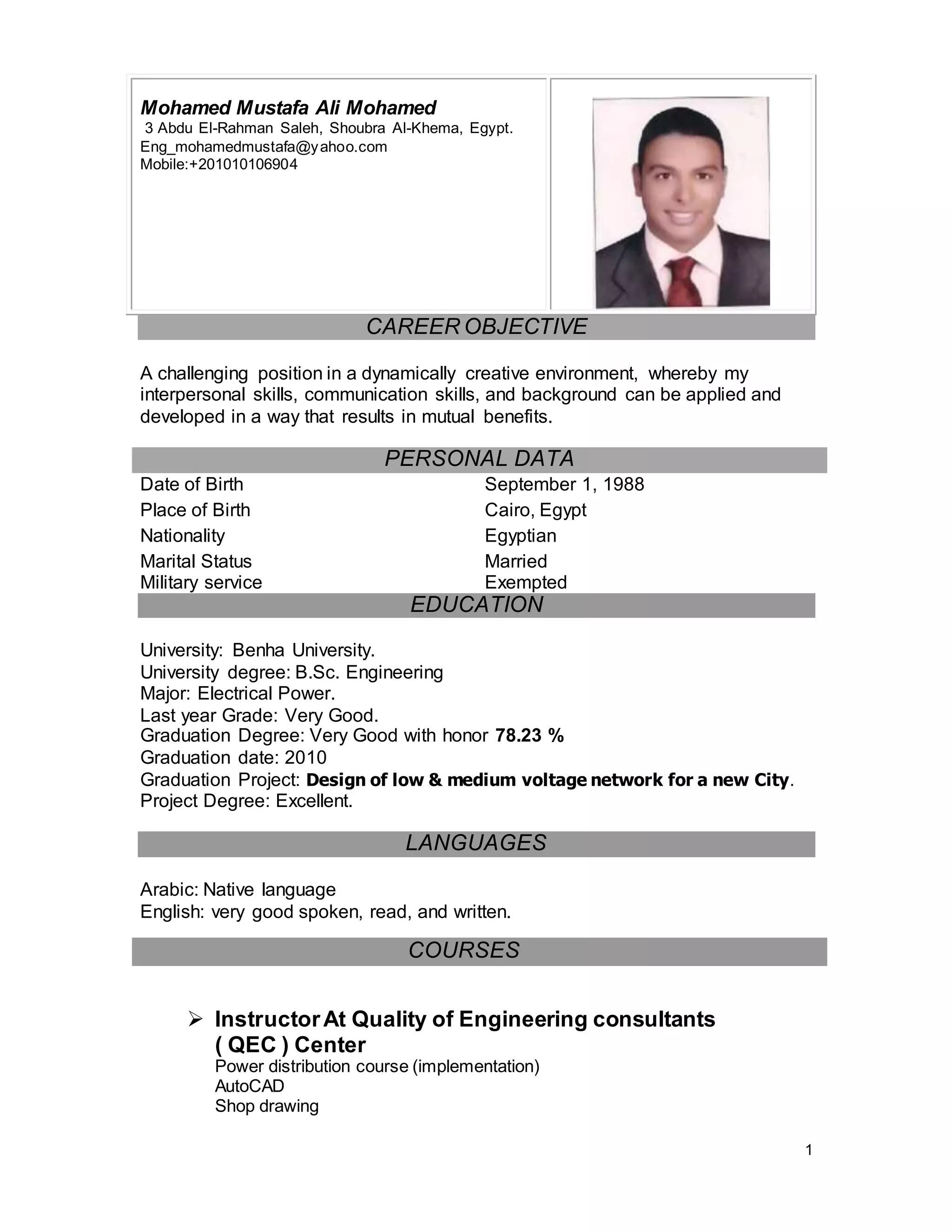 Mohamed Mustafa Ali CV | DOCX | Civil Engineering Industry | Industries