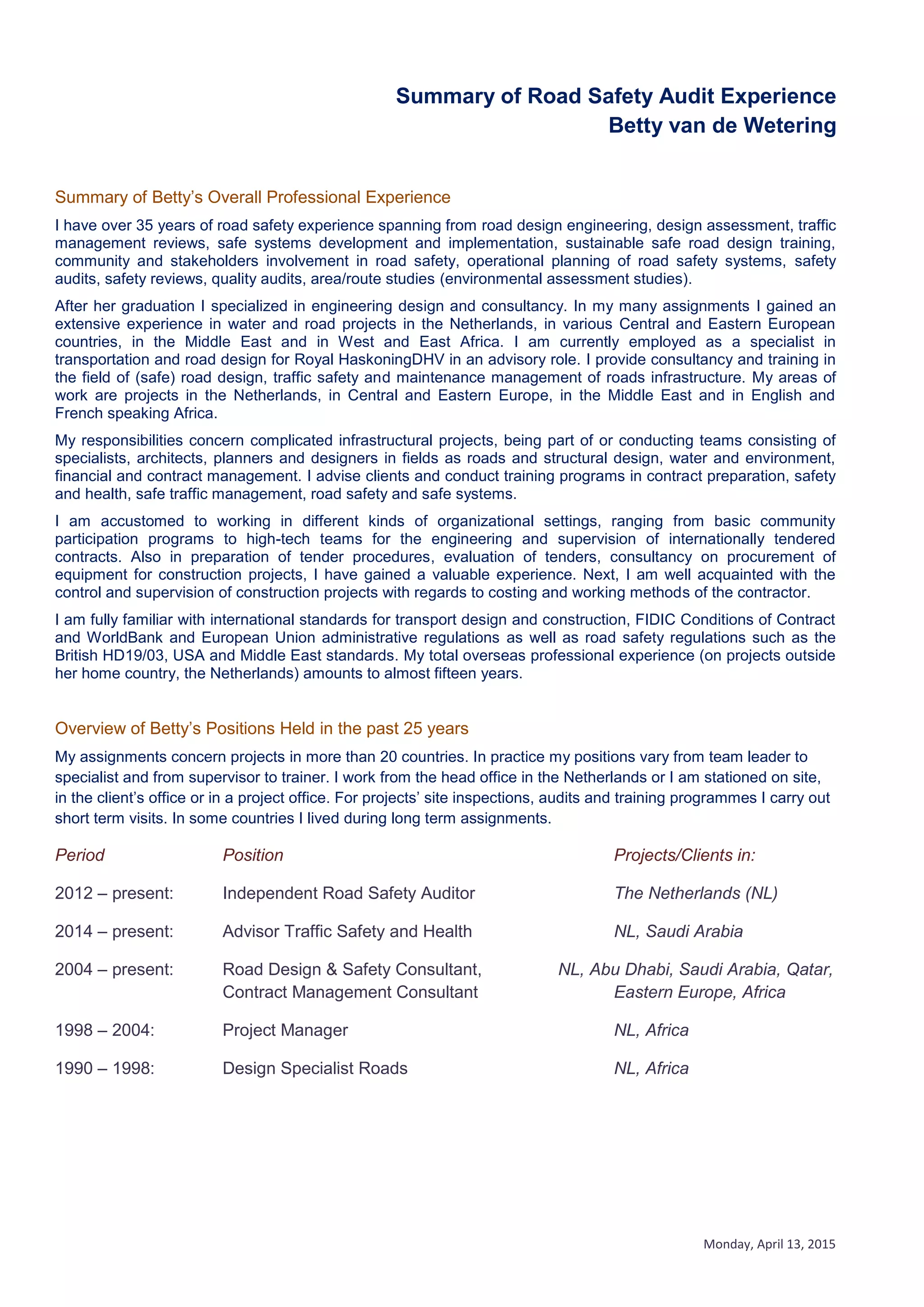 Betty van de Wetering Summary of Road Safety Audit Experience | PDF