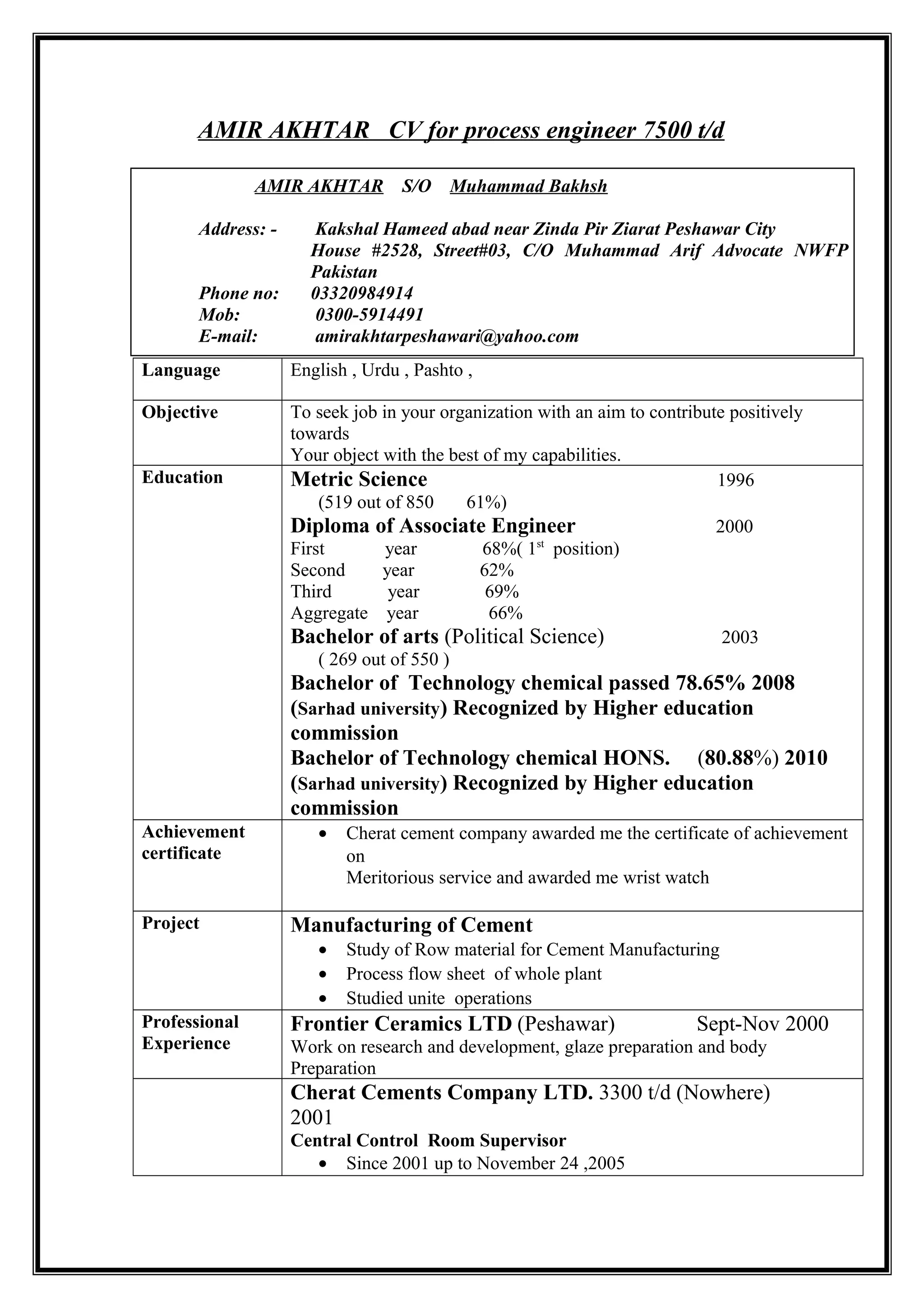 amir akhtar cv engineer - Copy | DOC | Civil Engineering Industry ...