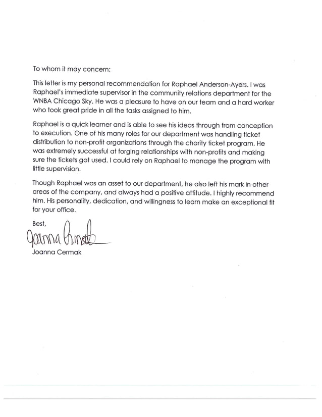 Raphael Anderson-Ayers Recommendation | PDF