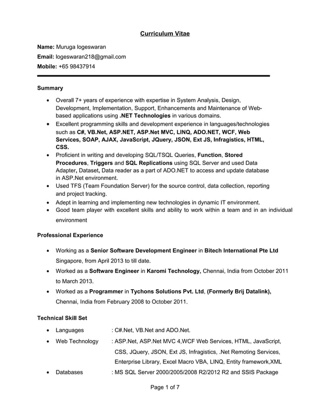 Muruga logeswaran CV-Senior .Net Developer | PDF